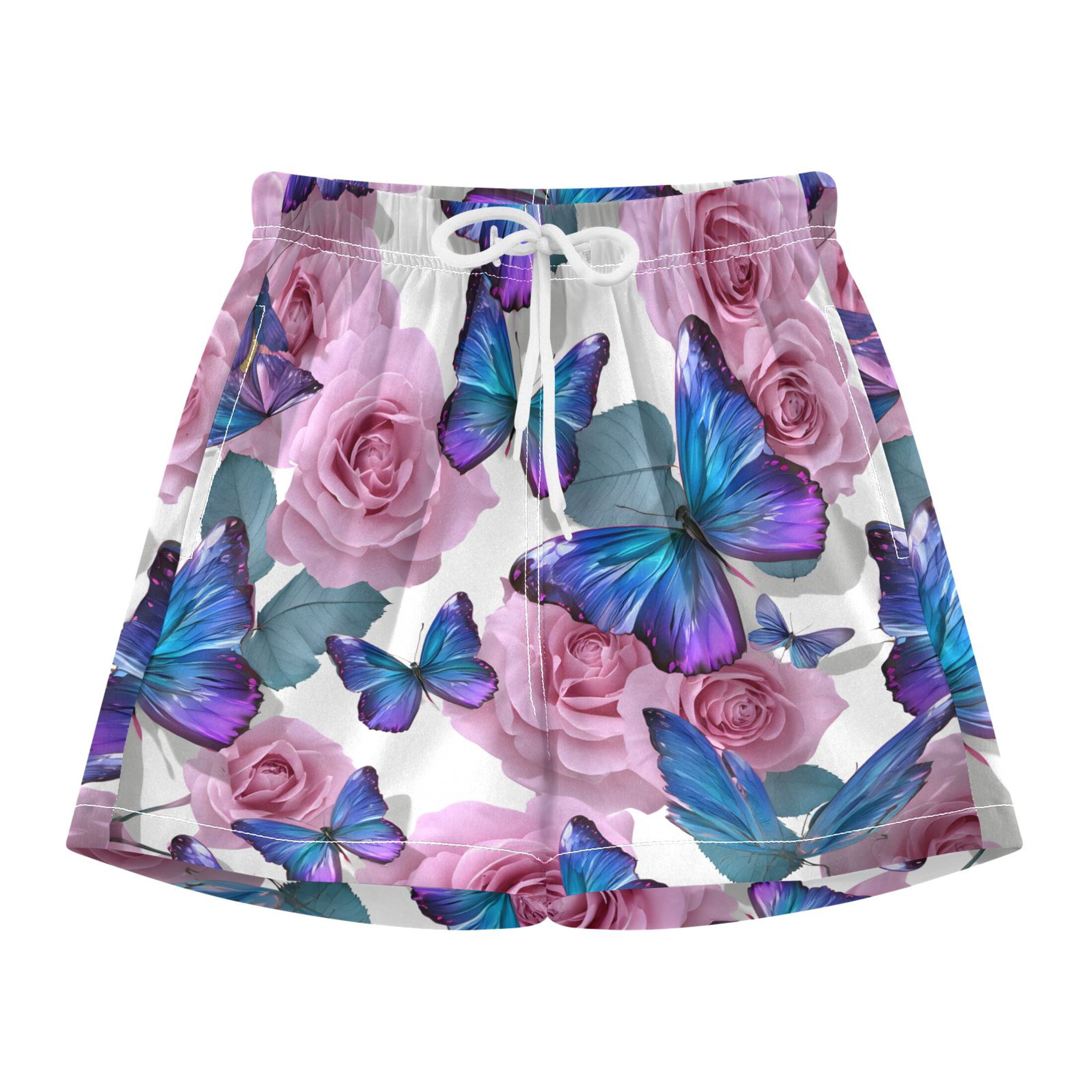 BZSMCE Swim Shorts Purple Butterflies Pink Rose Pattern For Quick-Dry ...