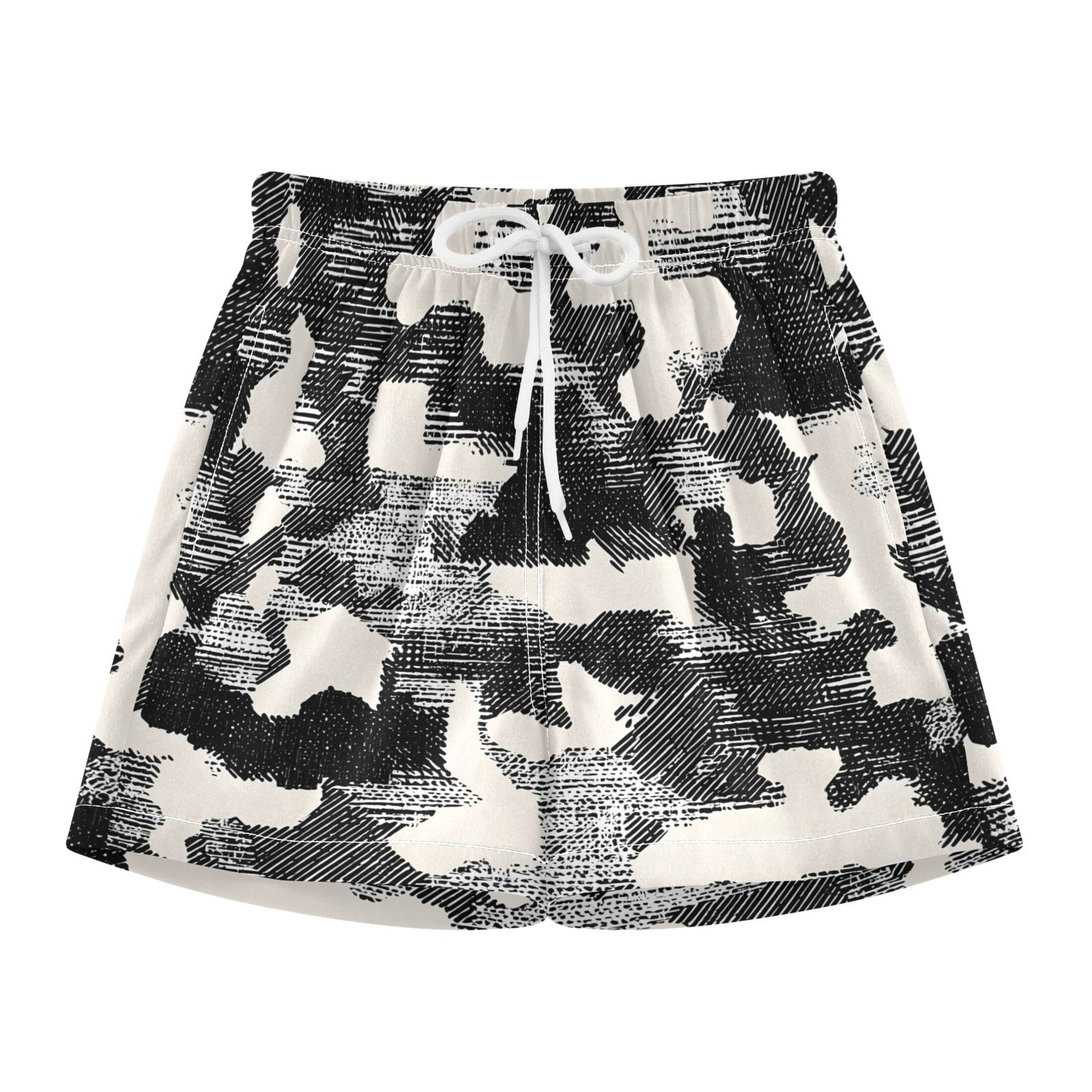 BZSMCE Swim Shorts White Black Ink Camouflage Pattern For Quick-Dry ...