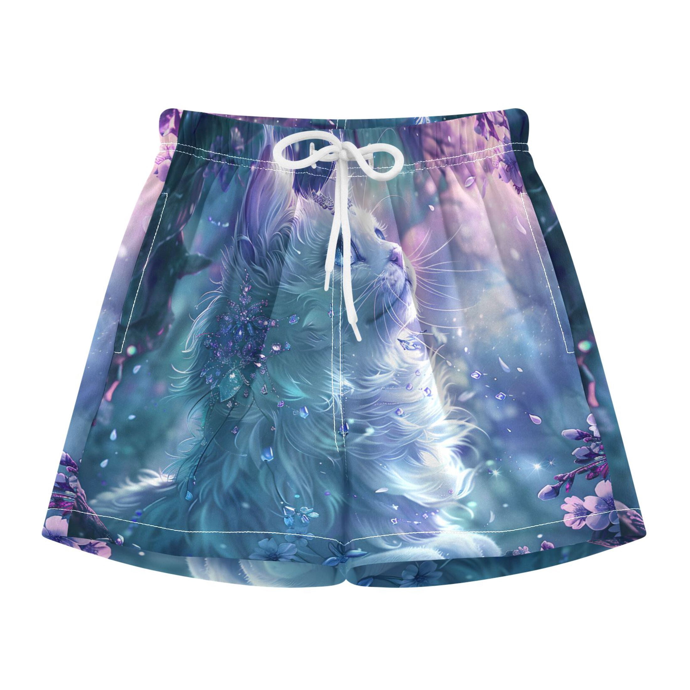 BZSMCE Swim Shorts White Cat Purple Cherry Blossoms For Quick-Dry ...