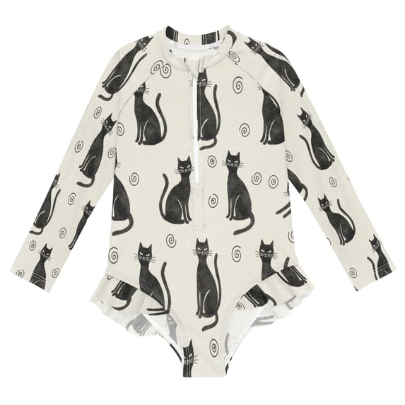 BZSMCE Swimwear Black Cat Grey For Long Sleeve One-Piece Swimsuit UPF ...
