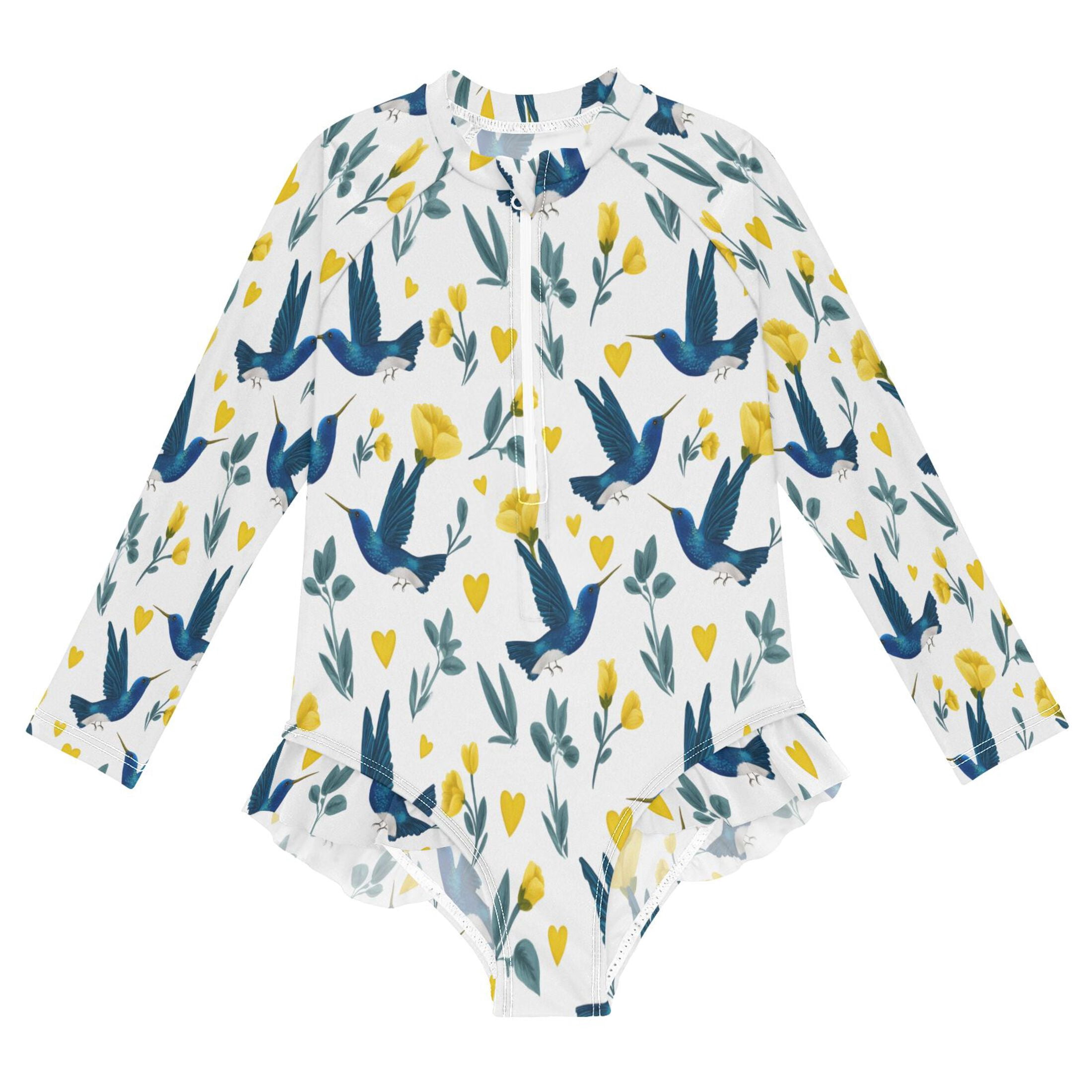 BZSMCE Swimwear Blue Hummingbirds and Yellow Hearts Pattern For Long ...