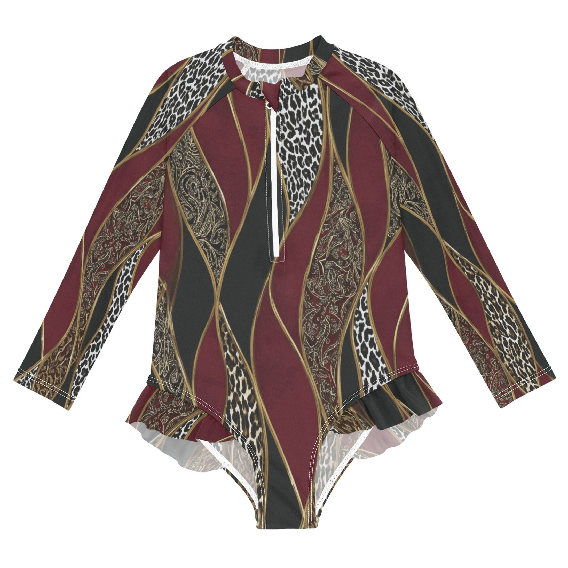 BZSMCE Swimwear Burgundy Leopard Wave For Long Sleeve One-Piece ...