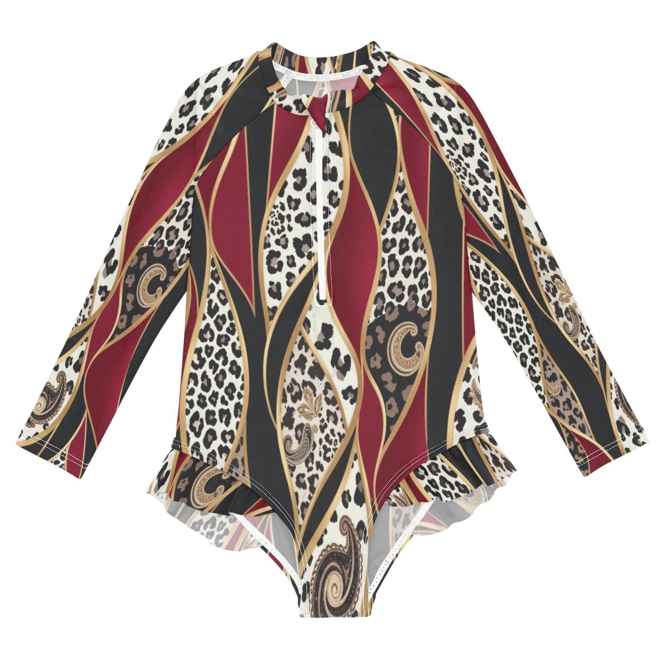 BZSMCE Swimwear Burgundy Leopard Wave For Long Sleeve One-Piece ...