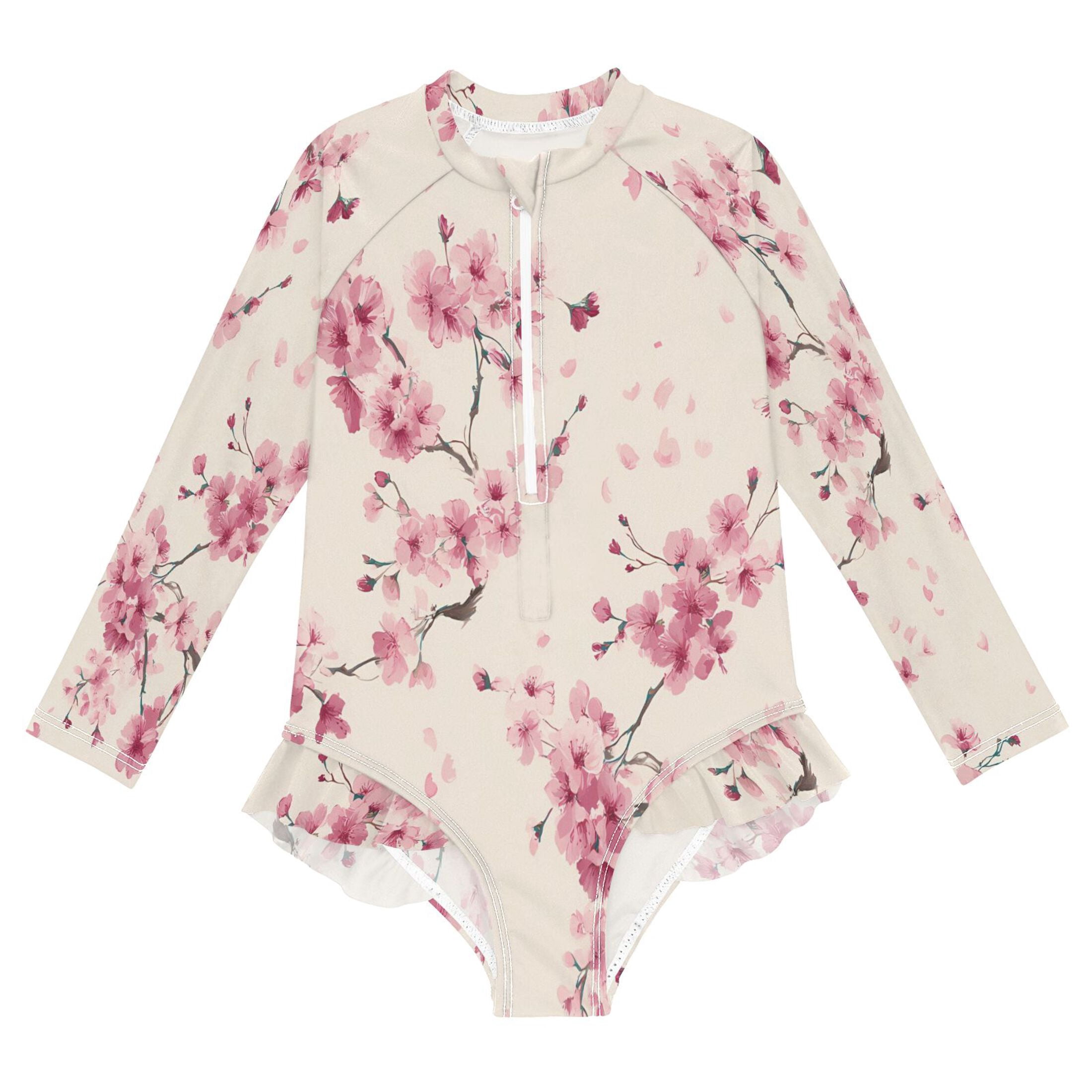 BZSMCE Swimwear Cherry Blossom Petals Pattern For Long Sleeve One-Piece ...