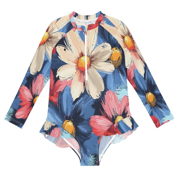 BZSMCE Swimwear Daisy Splash Pattern For Long Sleeve One-Piece Swimsuit ...