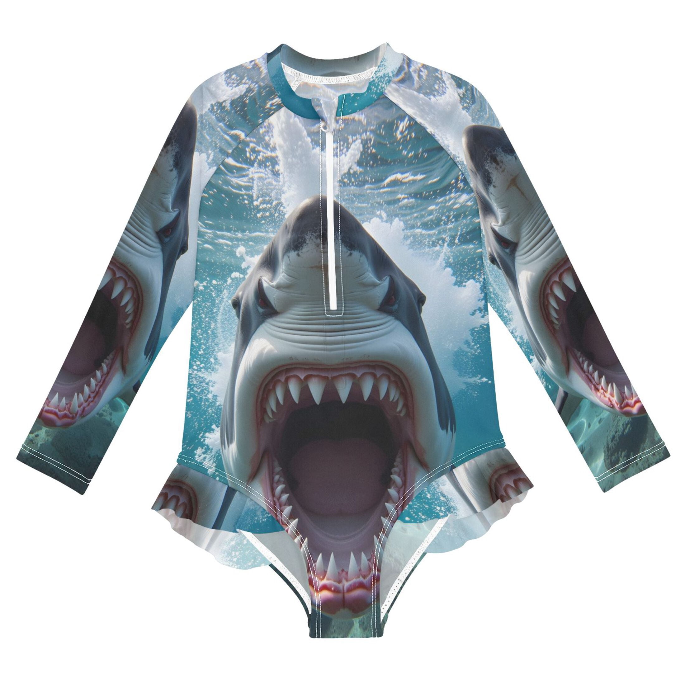 BZSMCE Swimwear Ferocious Shark For Long Sleeve One-Piece Swimsuit UPF ...