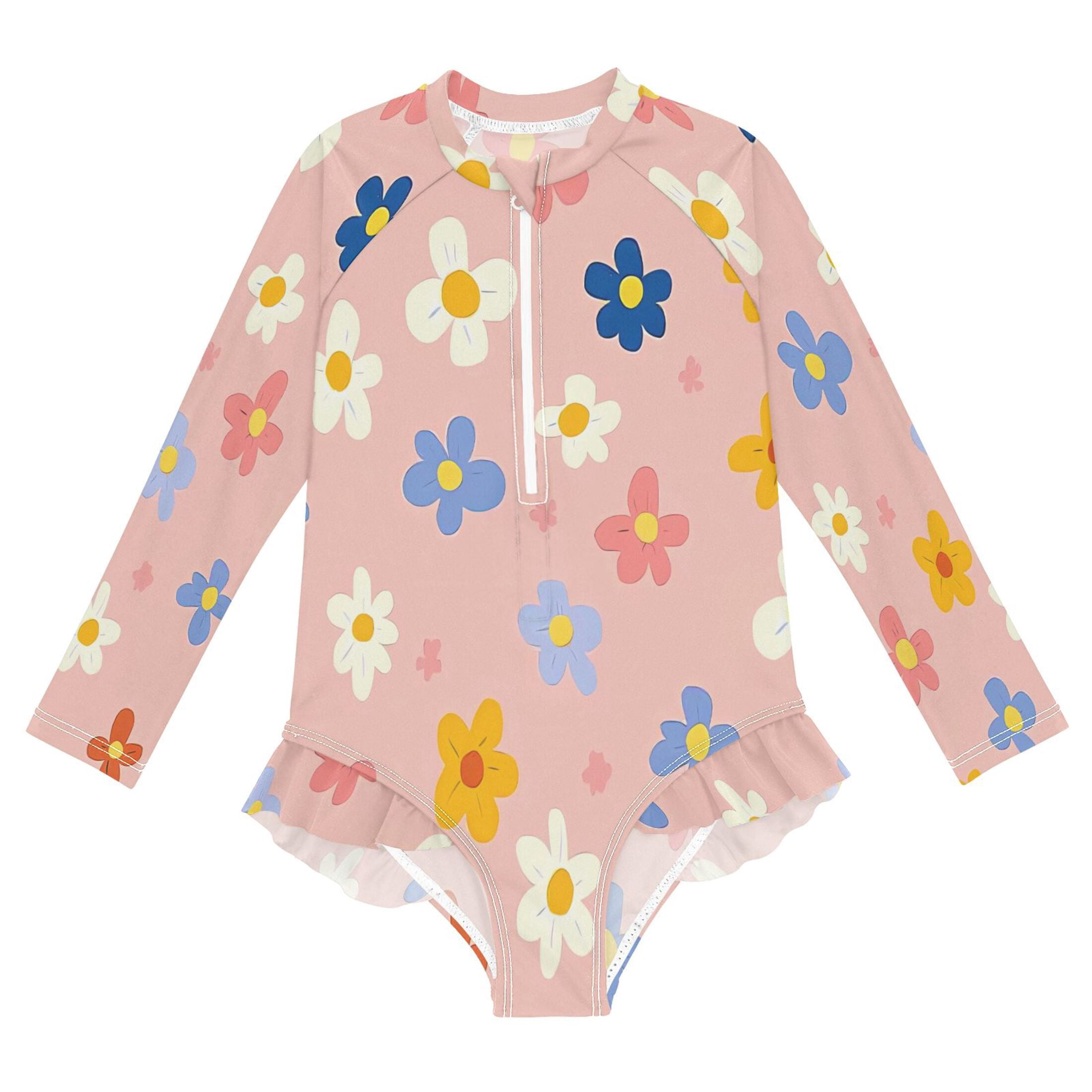 BZSMCE Swimwear Flowers Pink Background Pattern For Long Sleeve One ...
