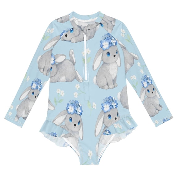 BZSMCE Swimwear Grey Rabbit Flower Pattern For Long Sleeve One-Piece ...