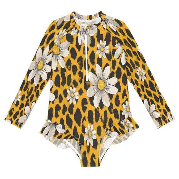 BZSMCE Swimwear Leopard Print Flower Pattern For Long Sleeve One-Piece ...