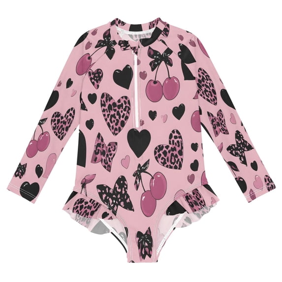 BZSMCE Swimwear Leopard Print Heart Pattern For Long Sleeve One-Piece ...