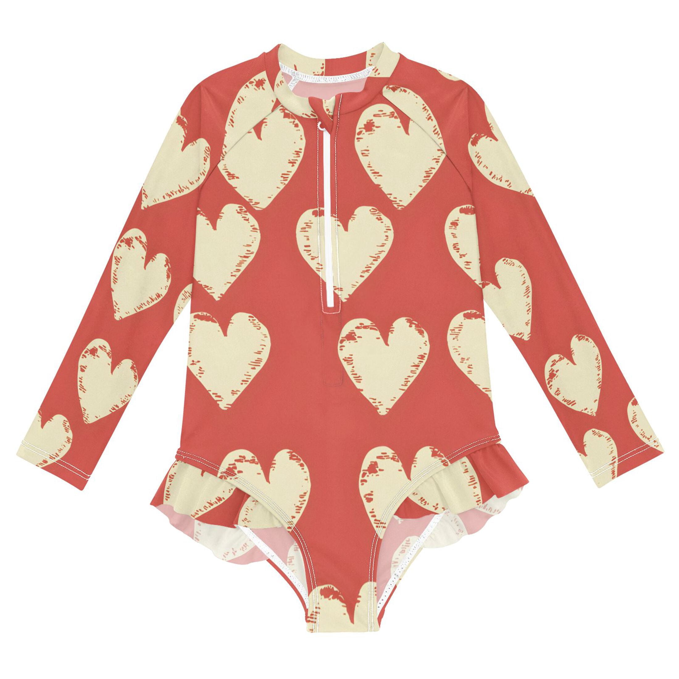 BZSMCE Swimwear Love White Red Pattern For Long Sleeve One-Piece ...