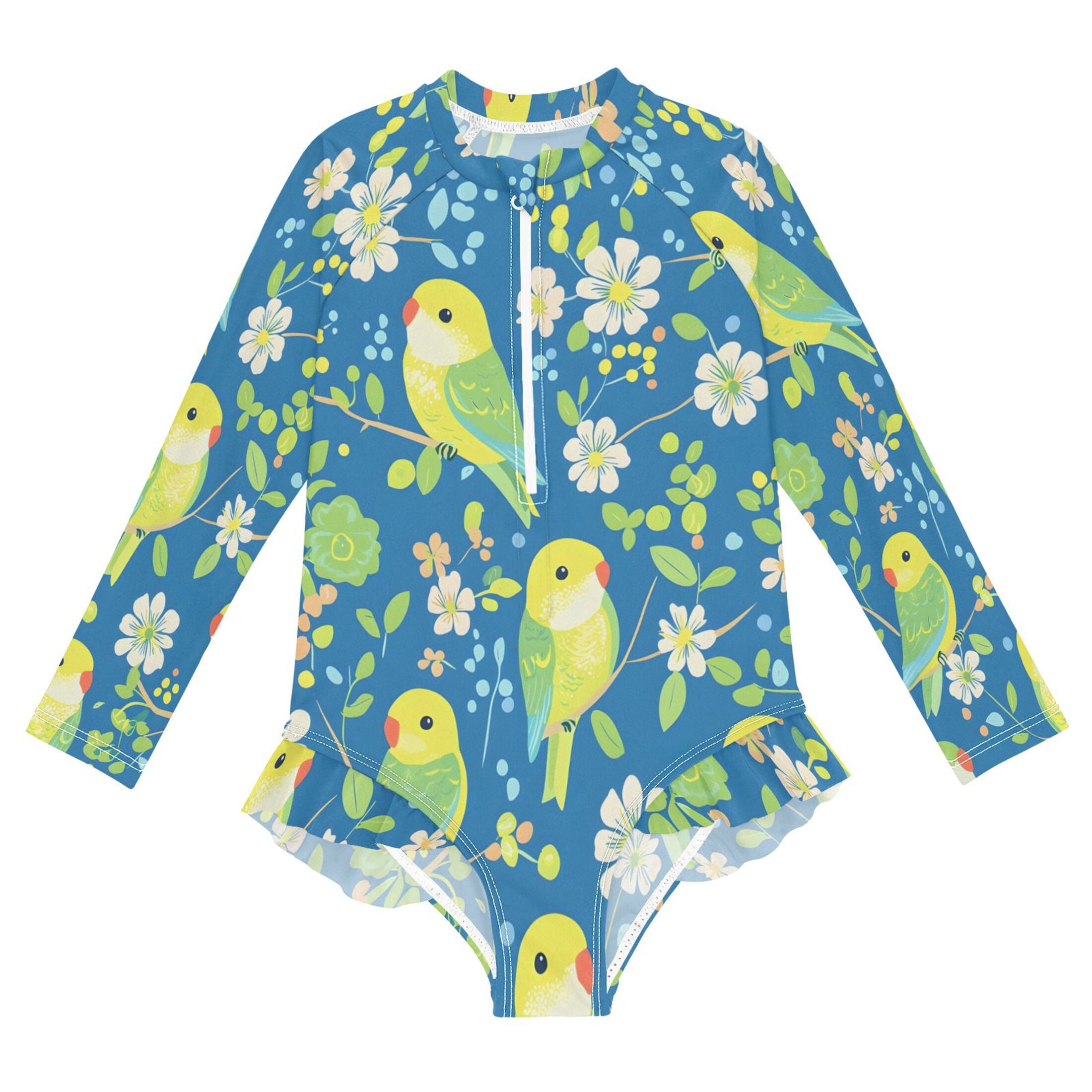 BZSMCE Swimwear Parrot Flower Pattern For Long Sleeve One-Piece ...