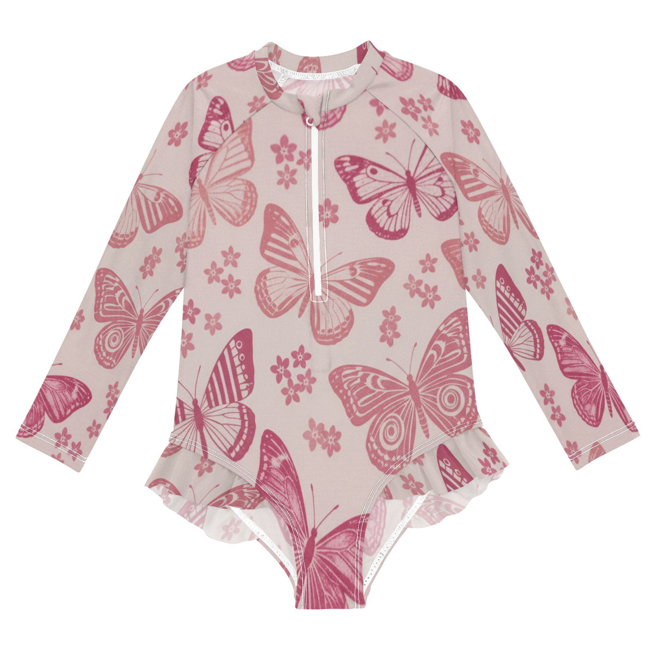 BZSMCE Swimwear Pink Butterfly For Long Sleeve One-Piece Swimsuit UPF ...
