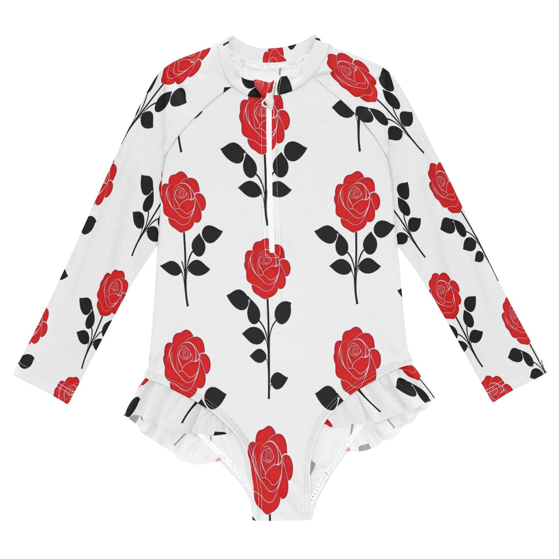 BZSMCE Swimwear Rose Tile Red Pattern For Long Sleeve One-Piece ...