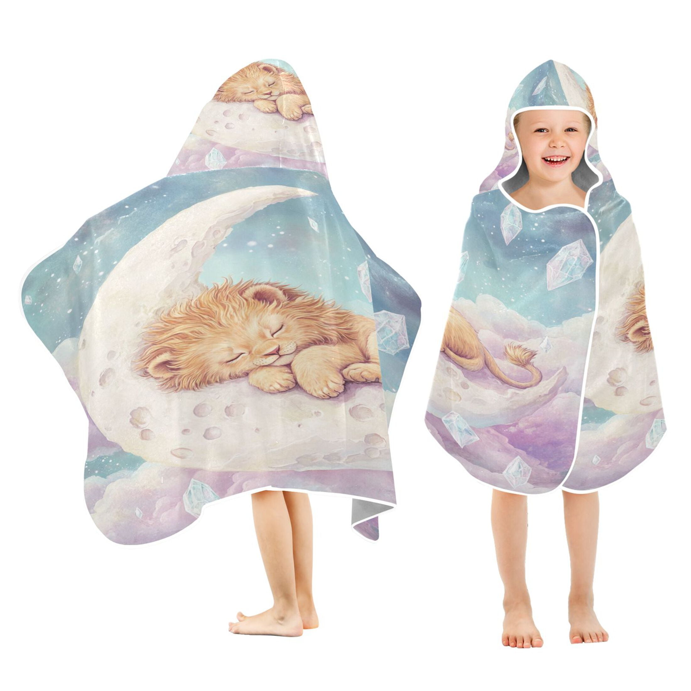 BZSMCE Towels Kids Hooded Beach Towel Lion Cub Sleeping on Moon Pool ...