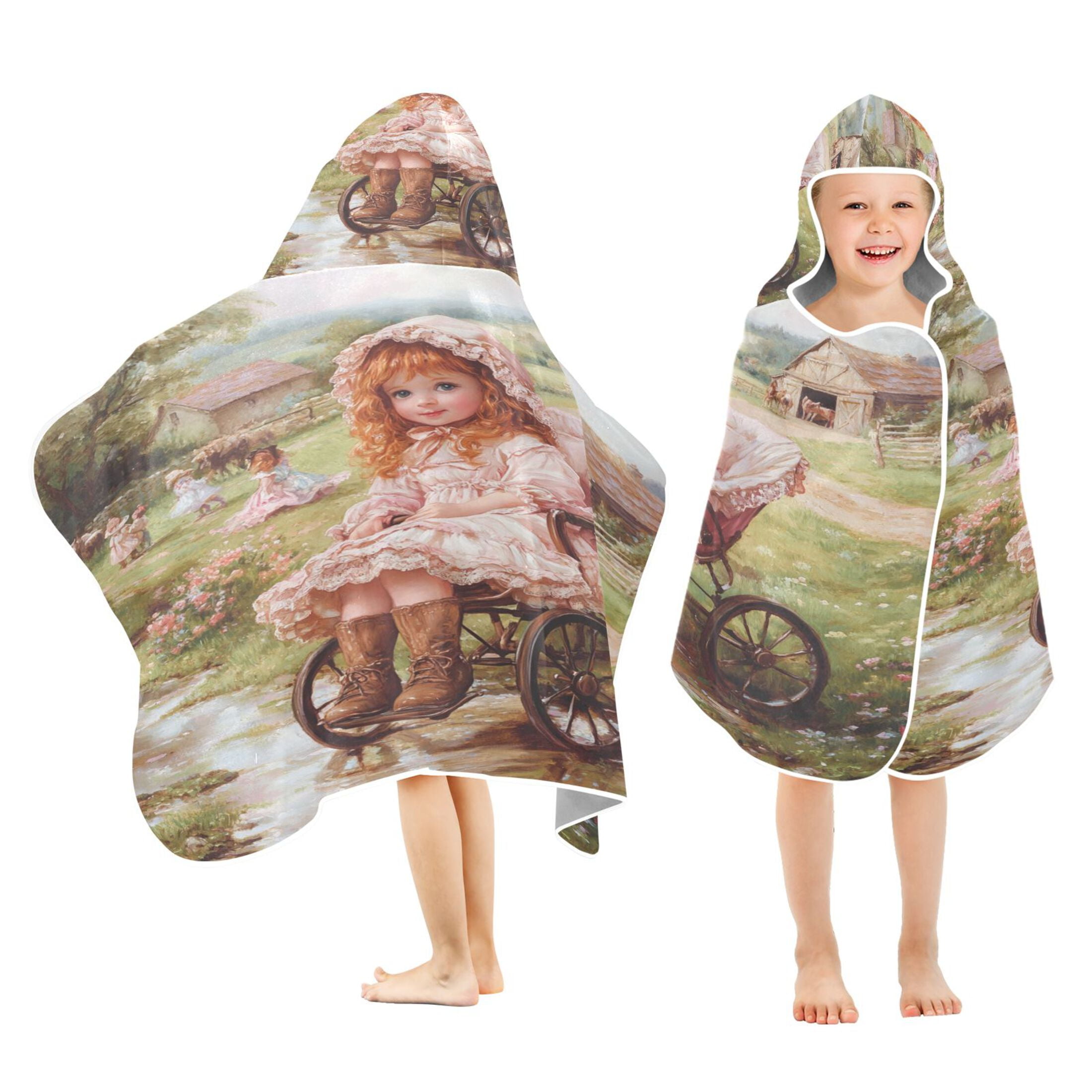 BZSMCE Towels Kids Hooded Beach Towel Little Girl in Vintage Pram Pool ...