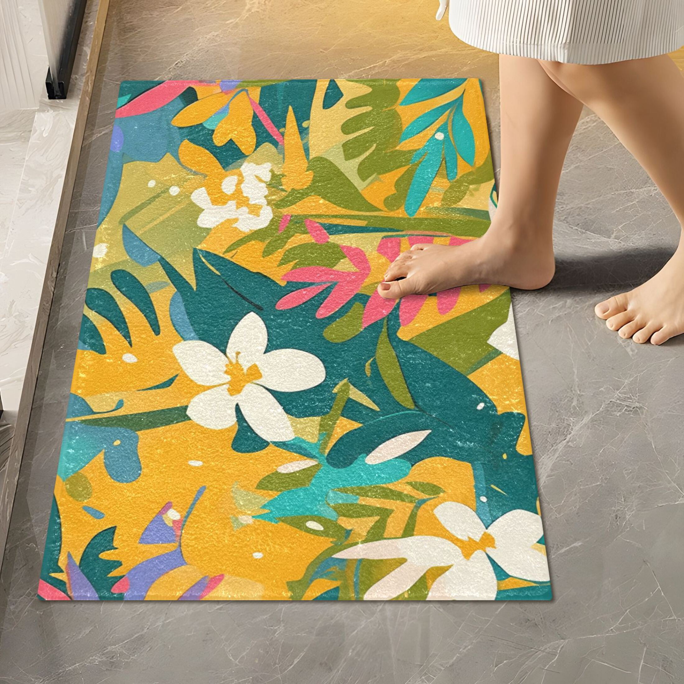 BZSMCE Tropical Flowers Pattern 2-Piece Non-Slip Absorbent Bathroom Rug ...