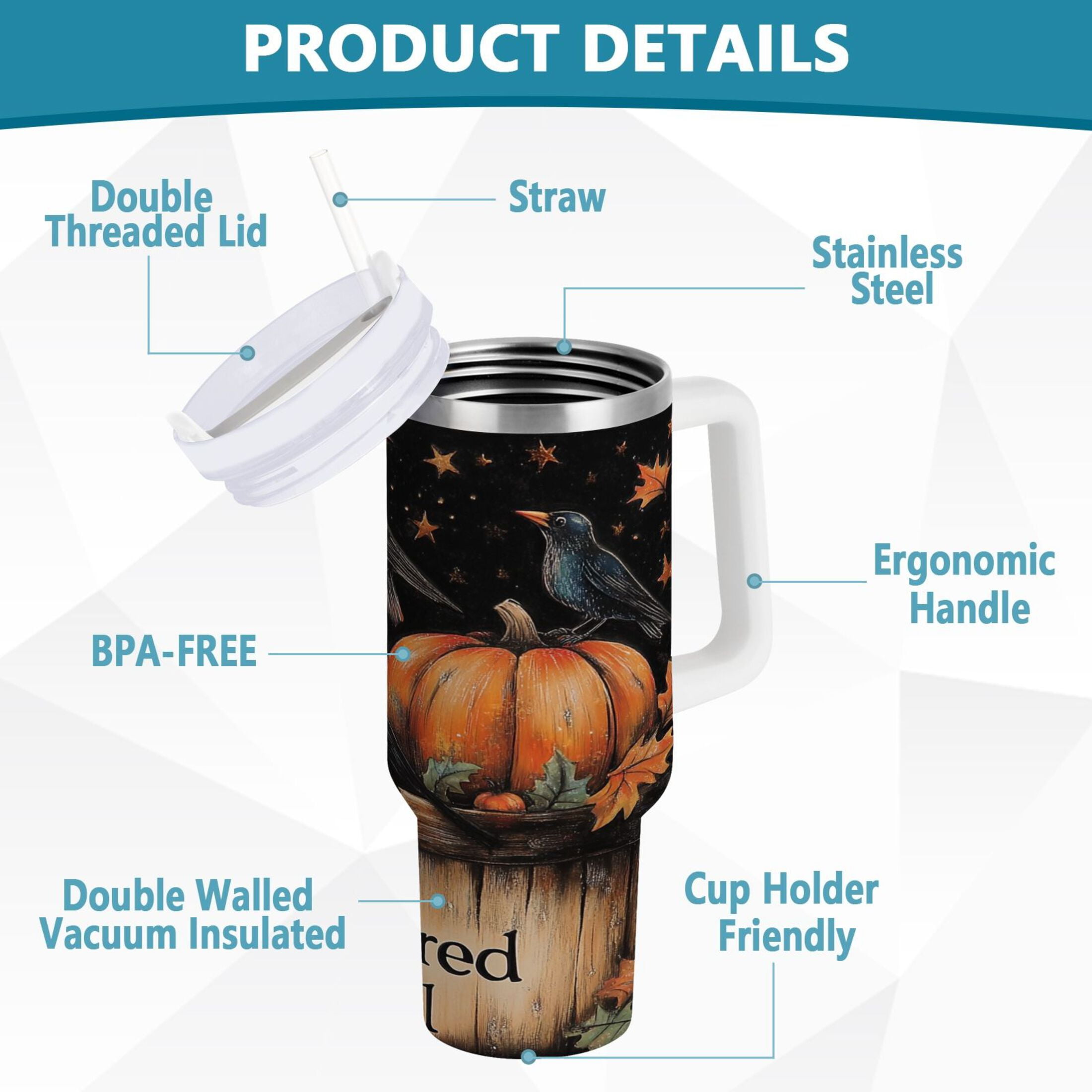 BZSMCE Tumbler 40oz Insulated Stainless Creative Crow and Pumpkin ...