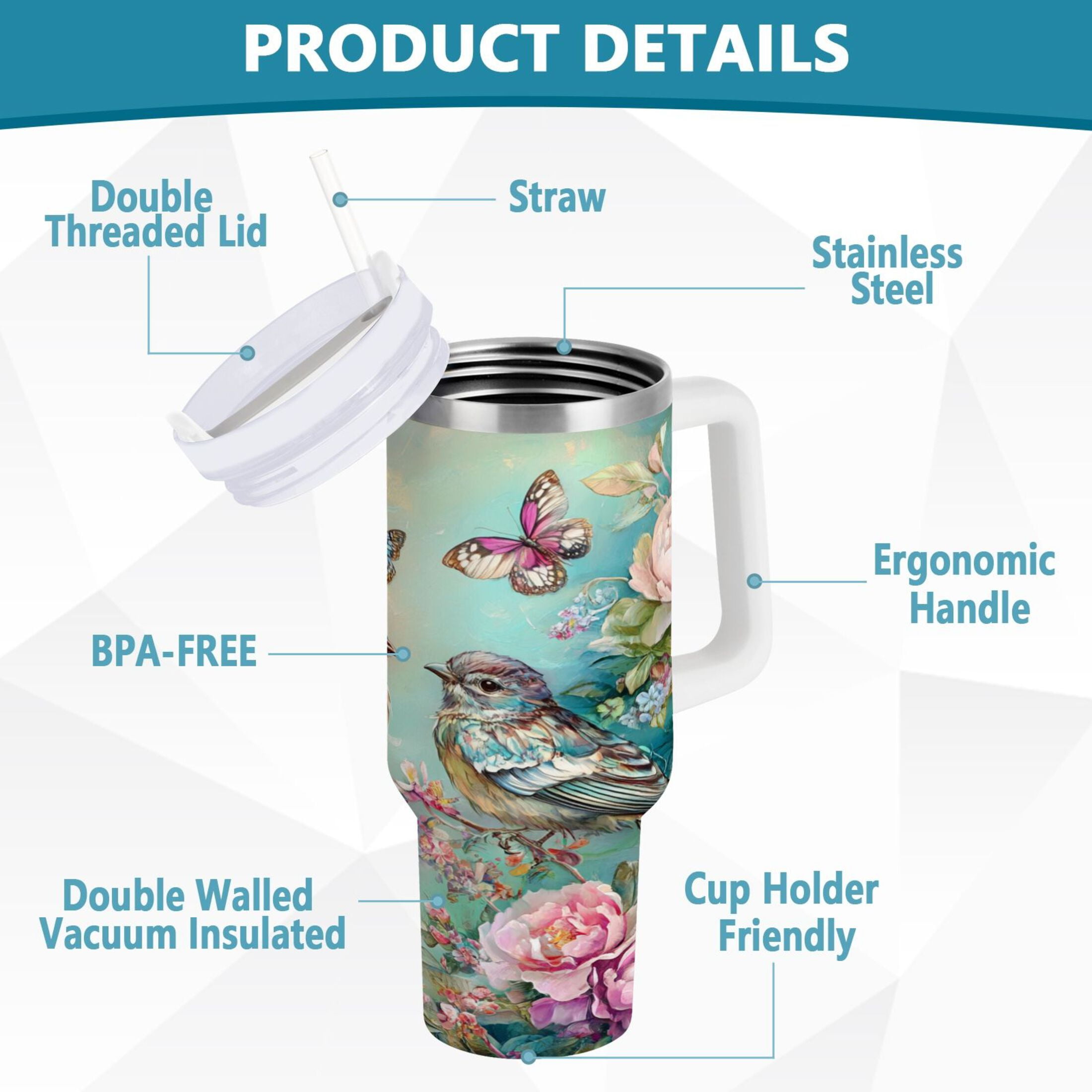 YAZAOO Tumbler 40oz Insulated Stainless Creative Cute Birds Butterflies ...
