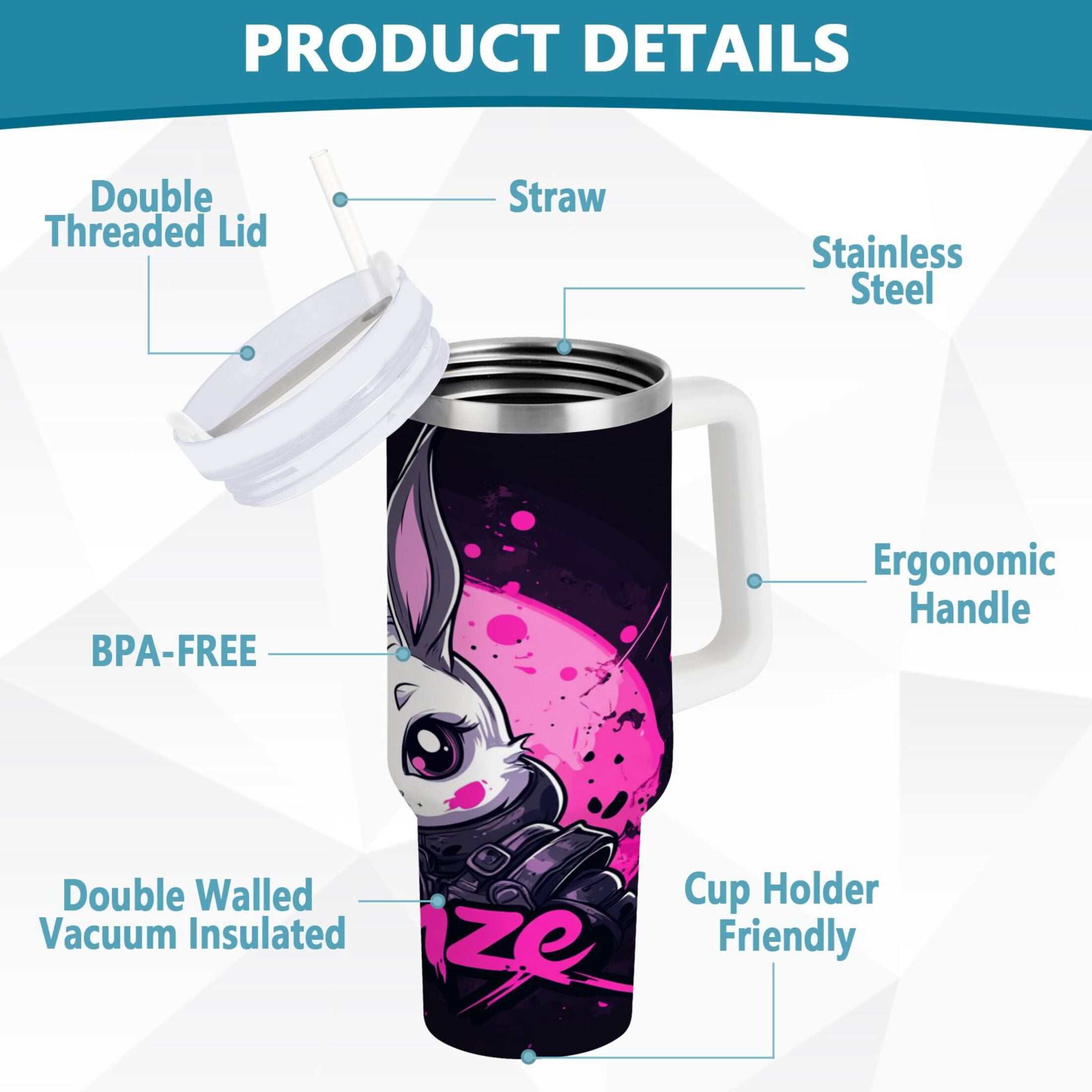 BZSMCE Tumbler 40oz Insulated Stainless Creative Cute Cartoon Rabbit ...