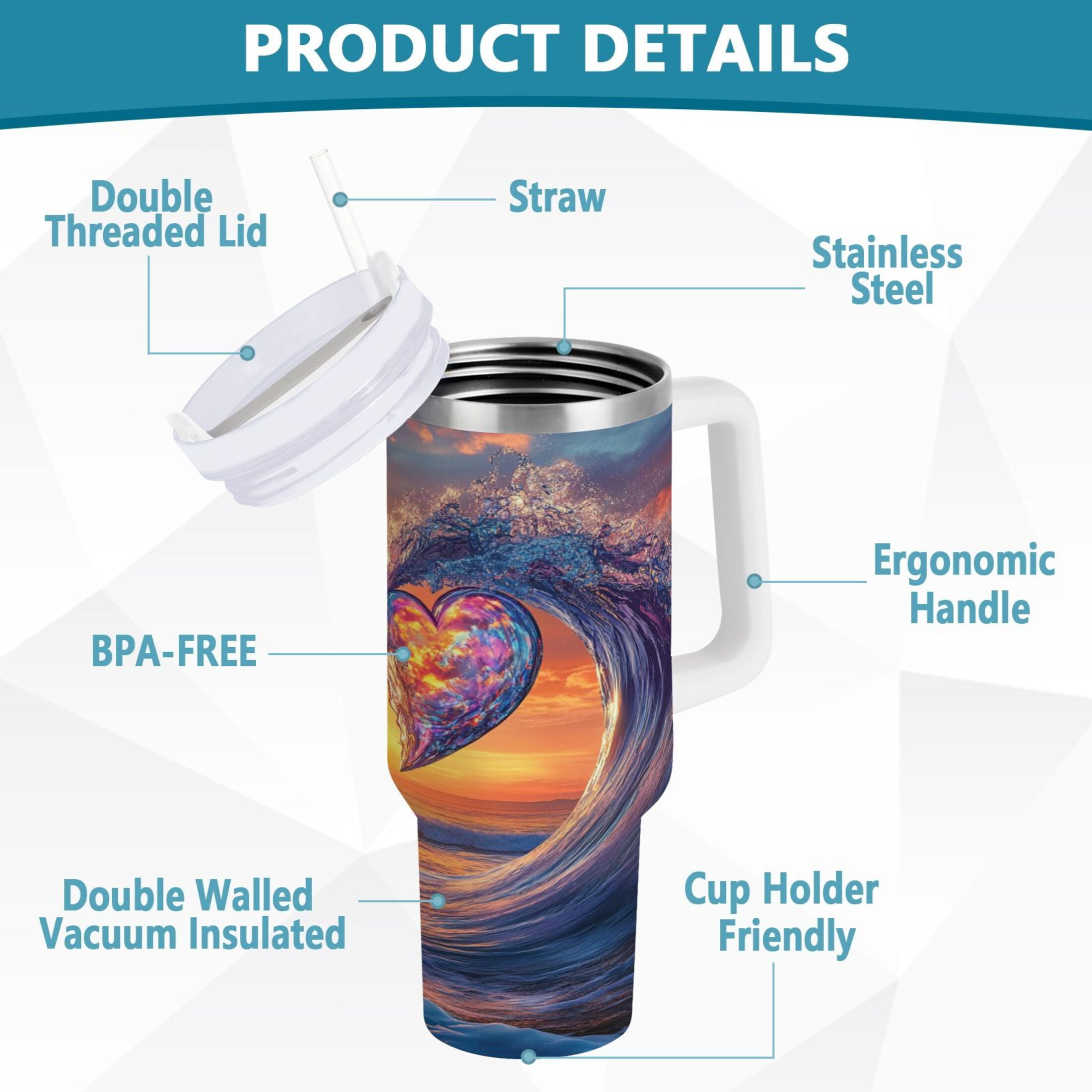 BZSMCE Tumbler 40oz Insulated Stainless Creative Heart-shaped Wave ...