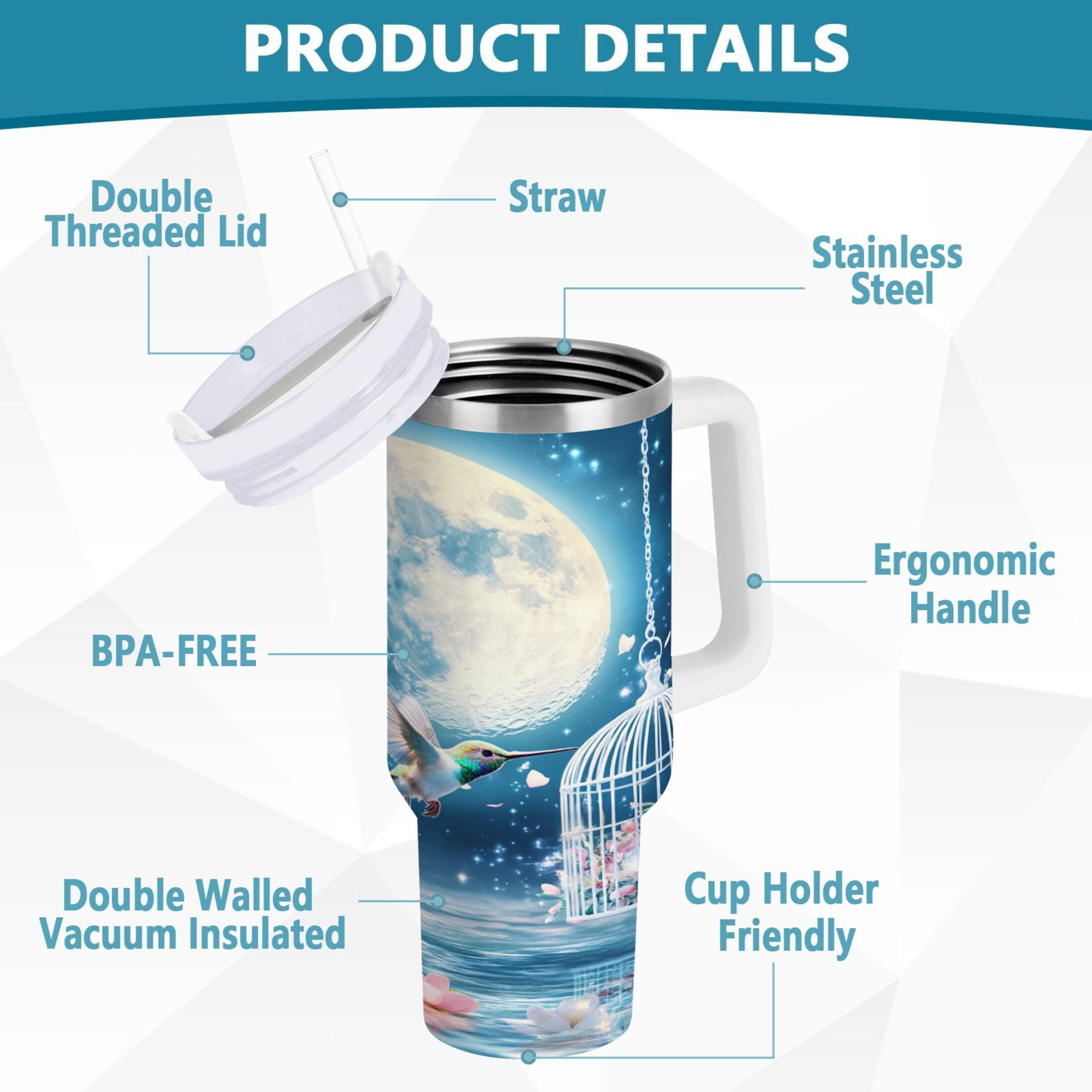 YAZAOO Tumbler 40oz Insulated Stainless Creative Hummingbird Moon ...