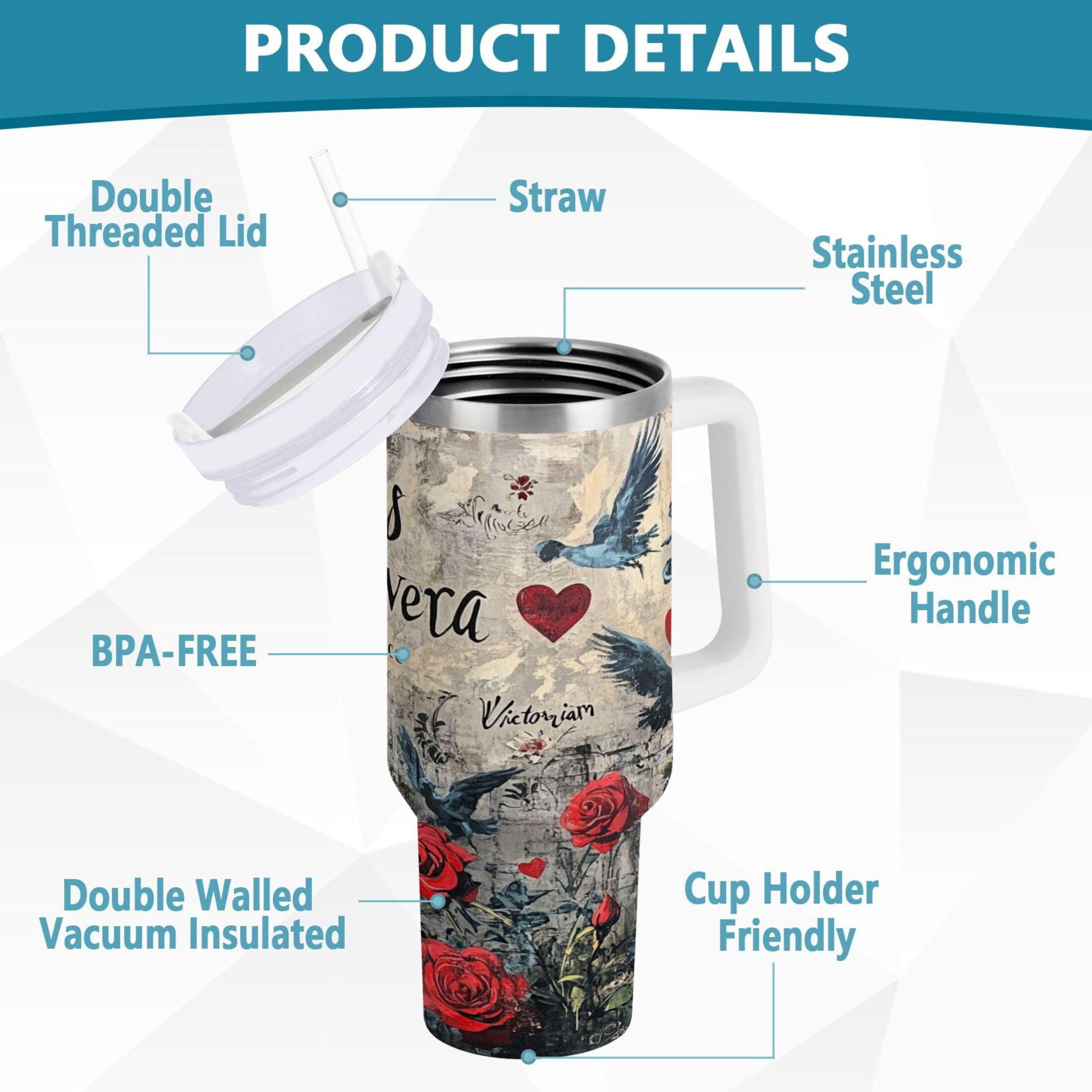 BZSMCE Tumbler 40oz Insulated Stainless Creative Oil Red Rose Pattern ...