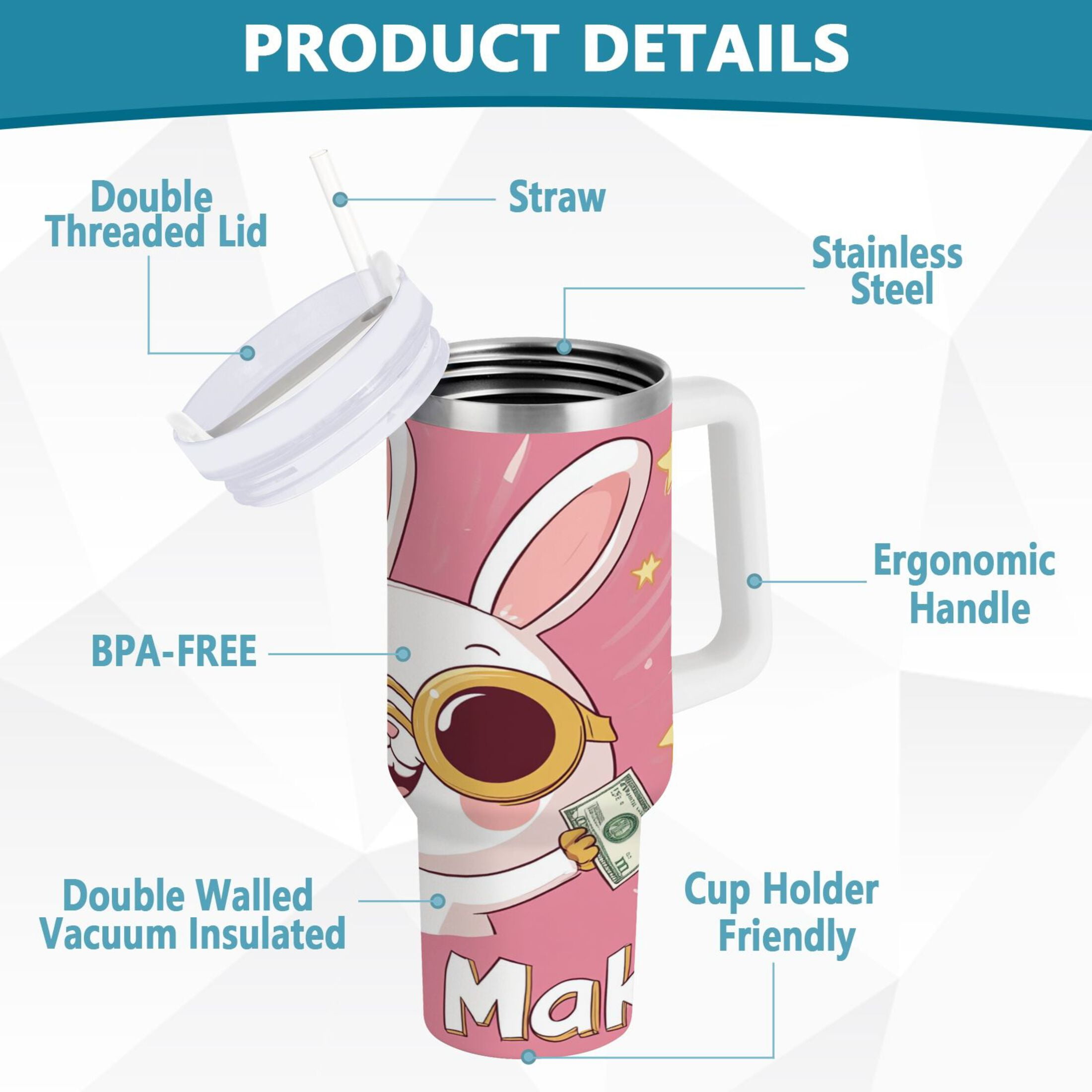 BZSMCE Tumbler 40oz Insulated Stainless Creative Rich Ribbit Pattern ...