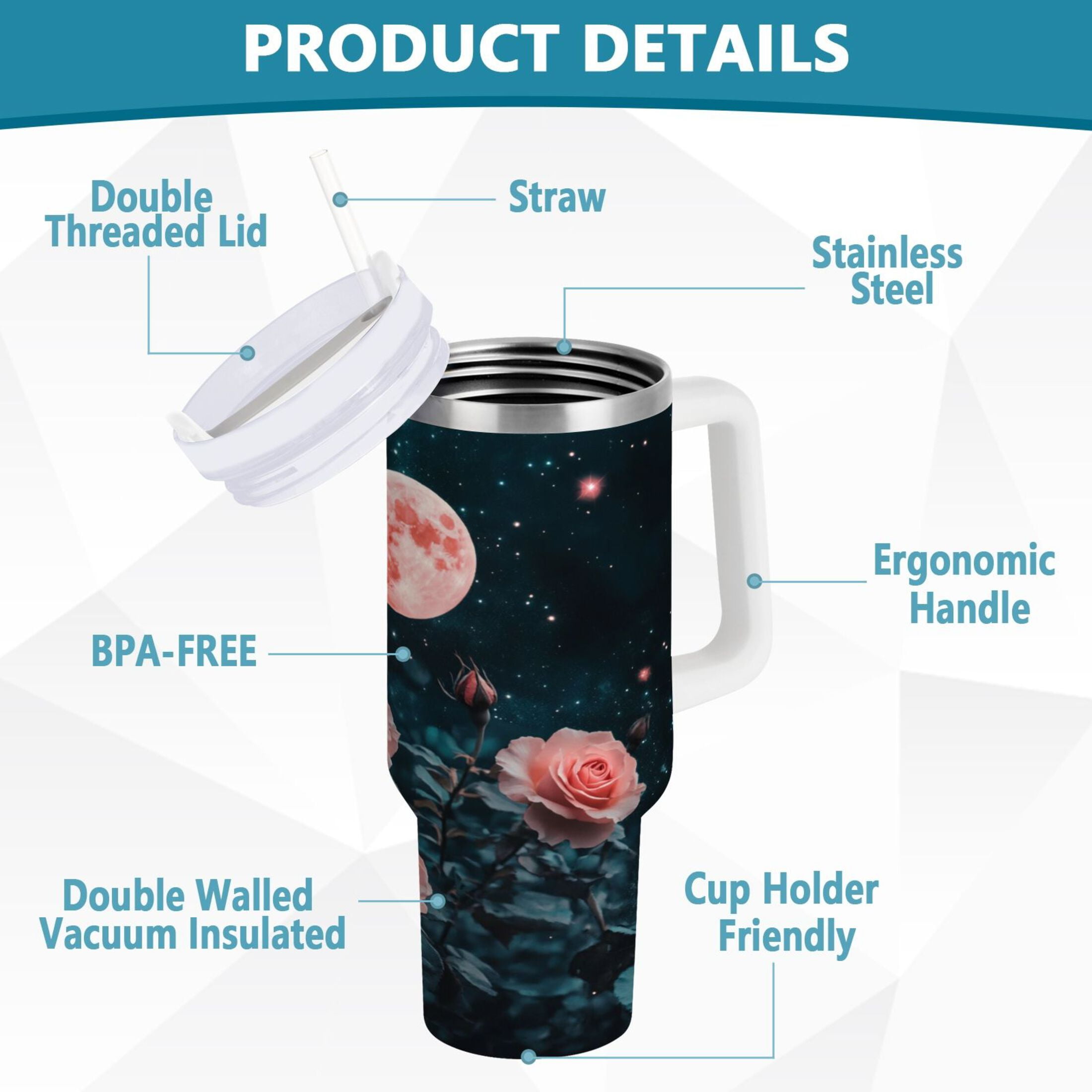 BZSMCE Tumbler 40oz Insulated Stainless Creative Roses under Red Moon ...