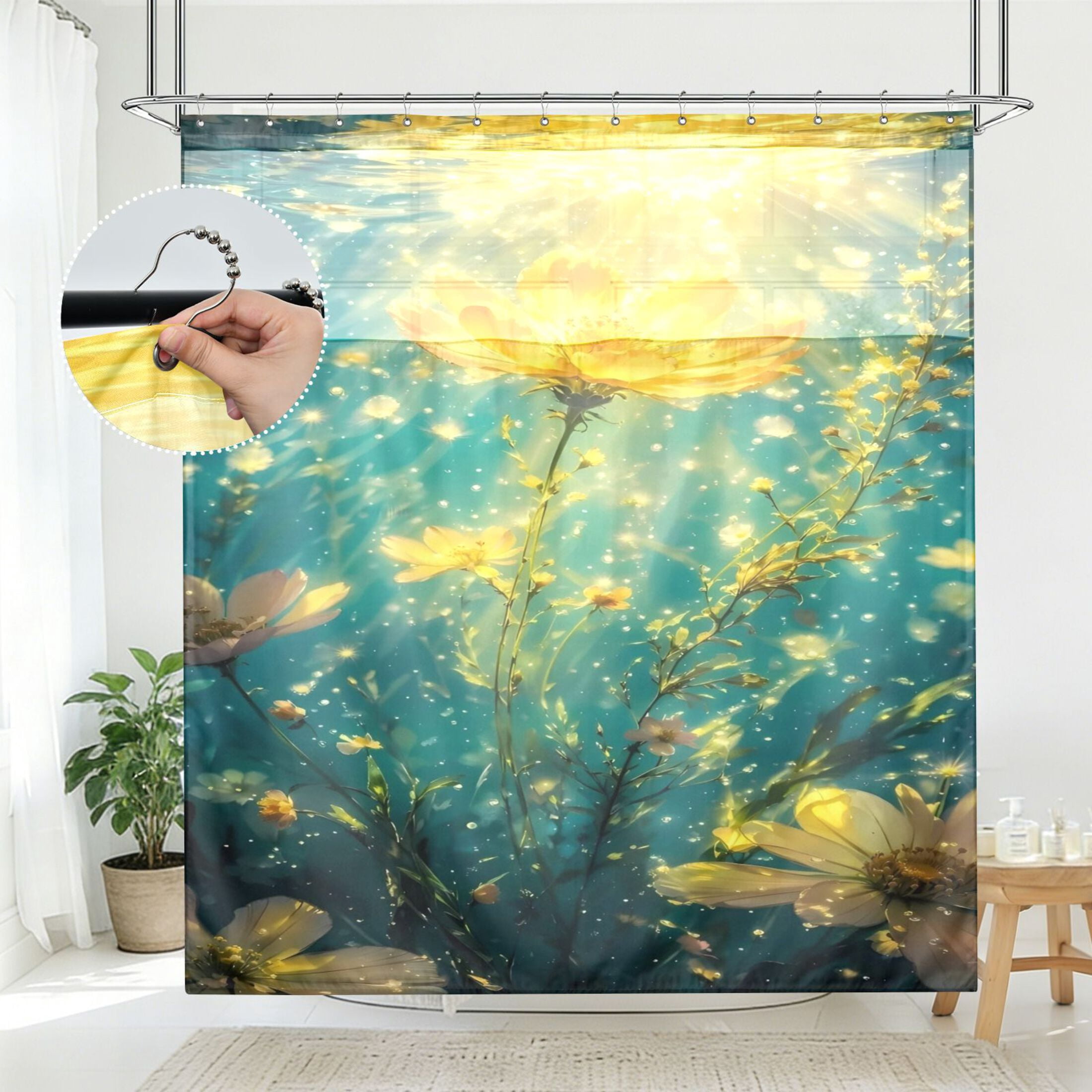 BZSMCE Underwater Golden Bloom Pattern Bathroom Shower Curtain Set with ...