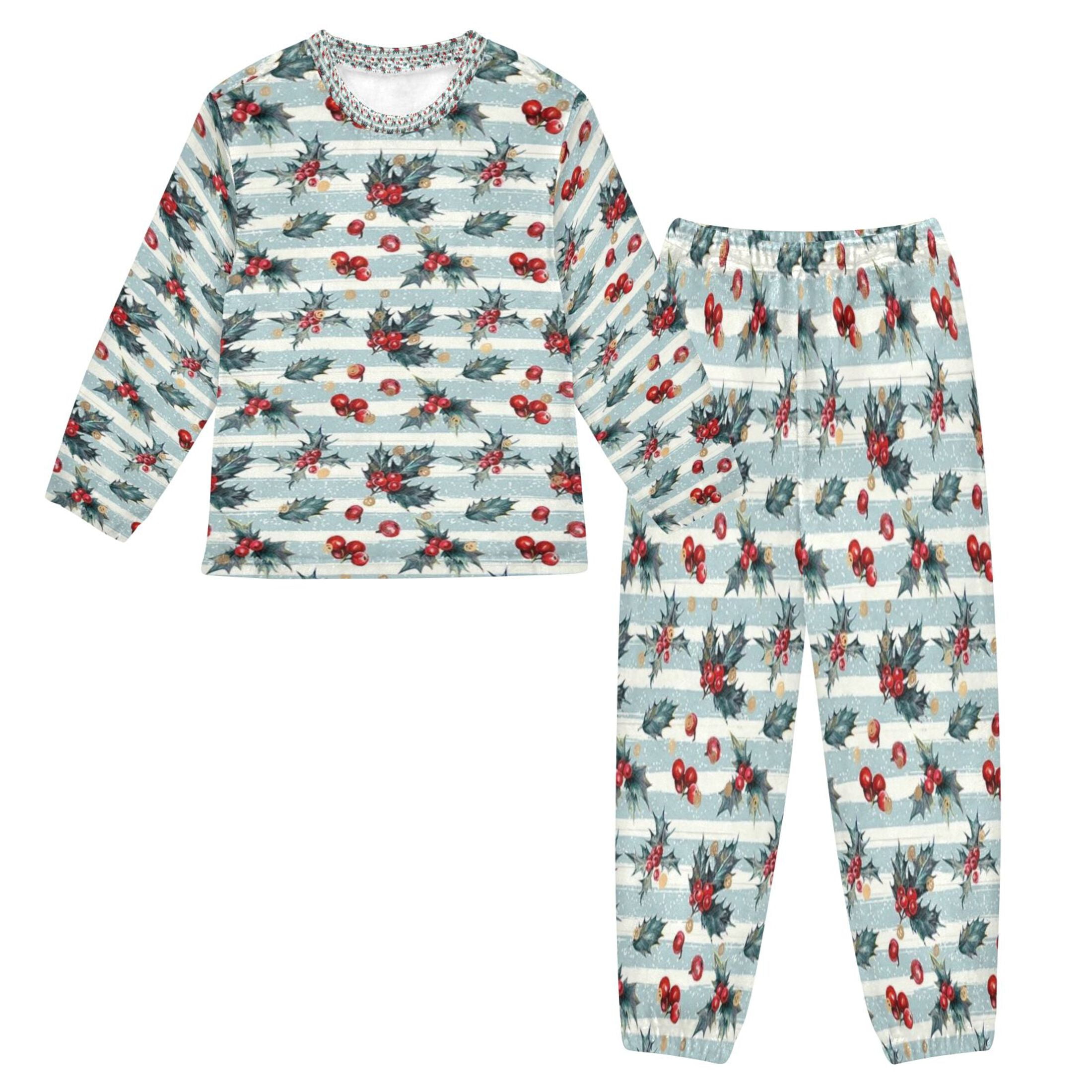 BZSMCE Unisex Fluffy Pajama Set Winter Holly Berry Weave Printed ...