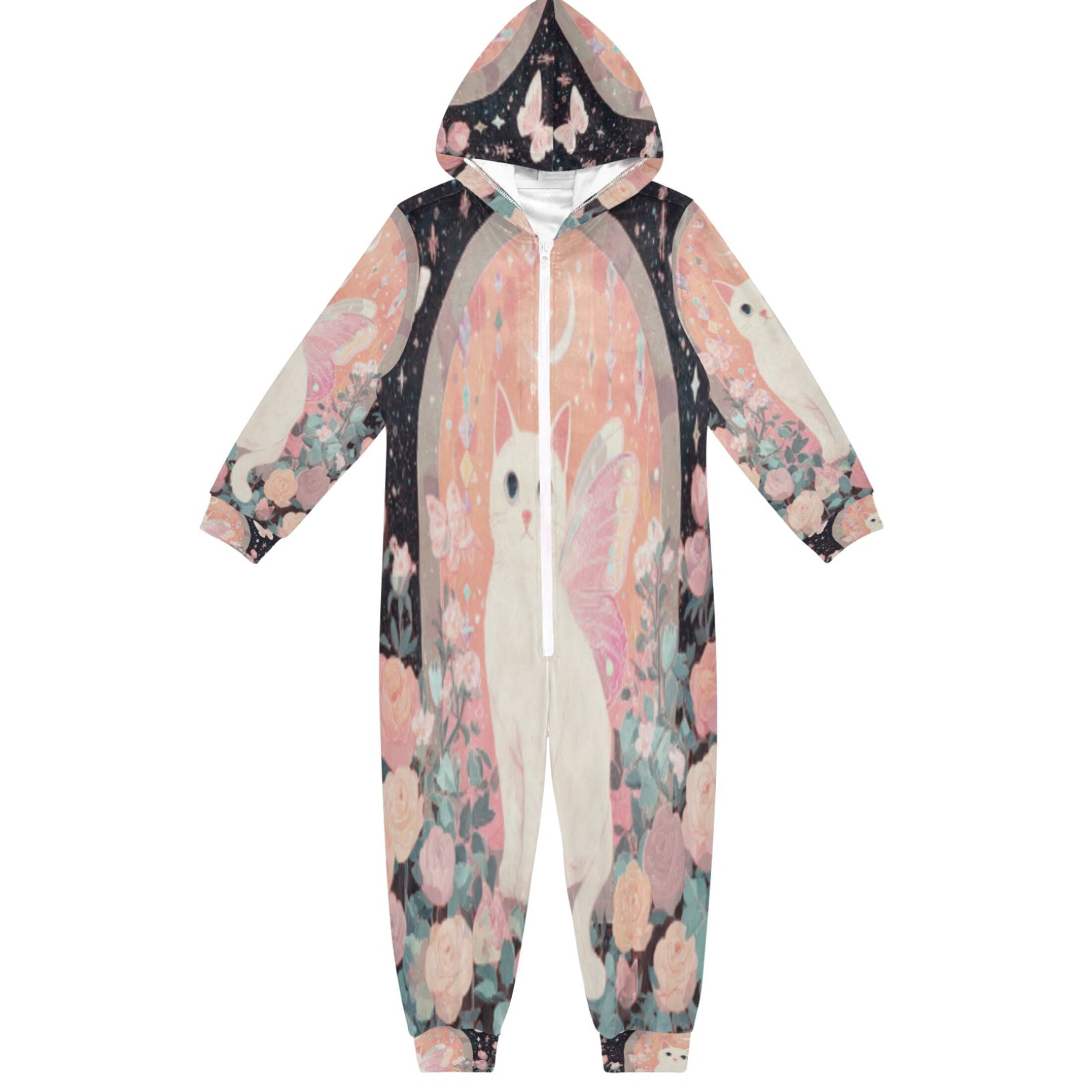 BZSMCE Unisex One-piece Pajama Cotton Sleepwear Rose - Filled Fairy Cat ...