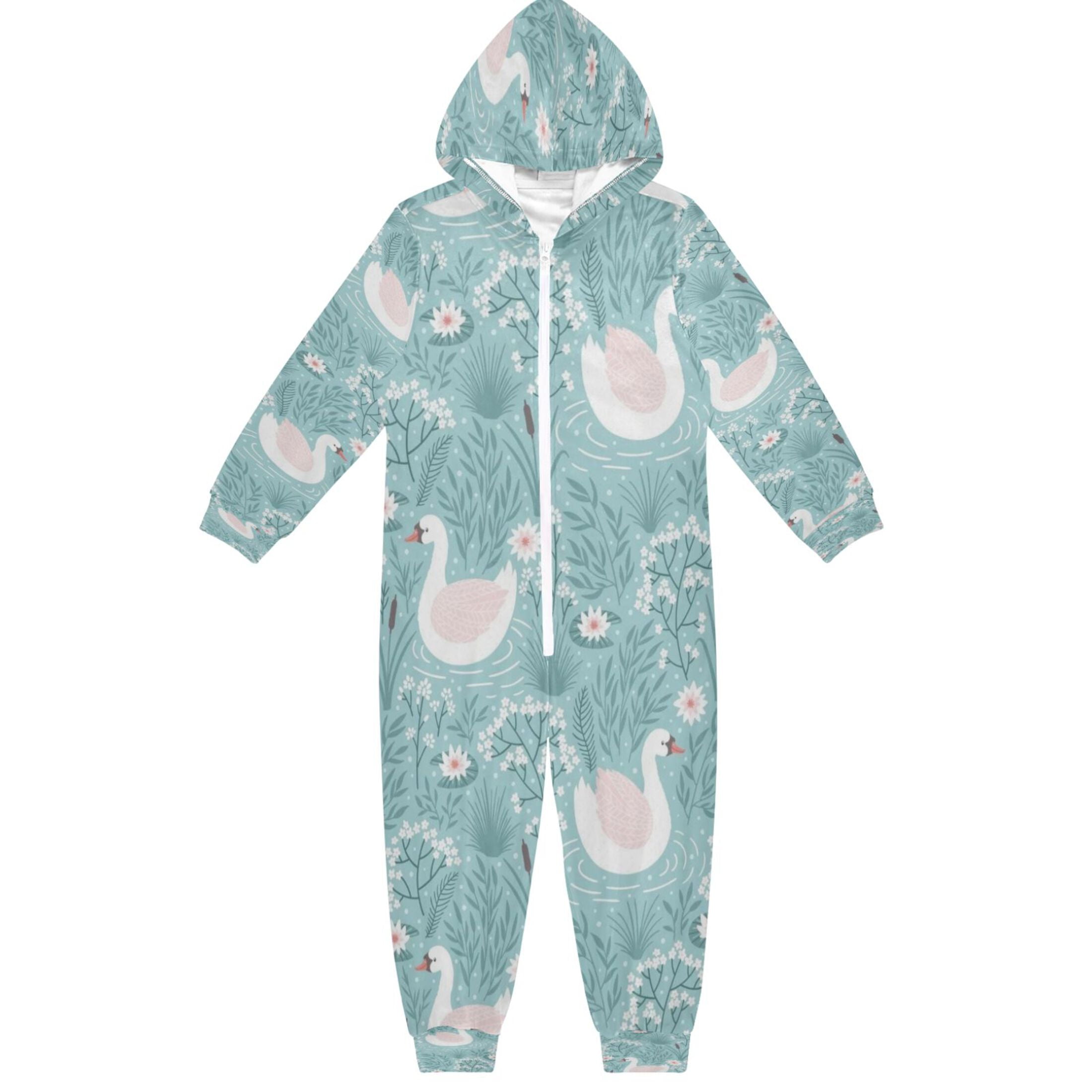 BZSMCE Unisex One-piece Pajama Cotton Sleepwear Sky Blue Swan Serenity ...