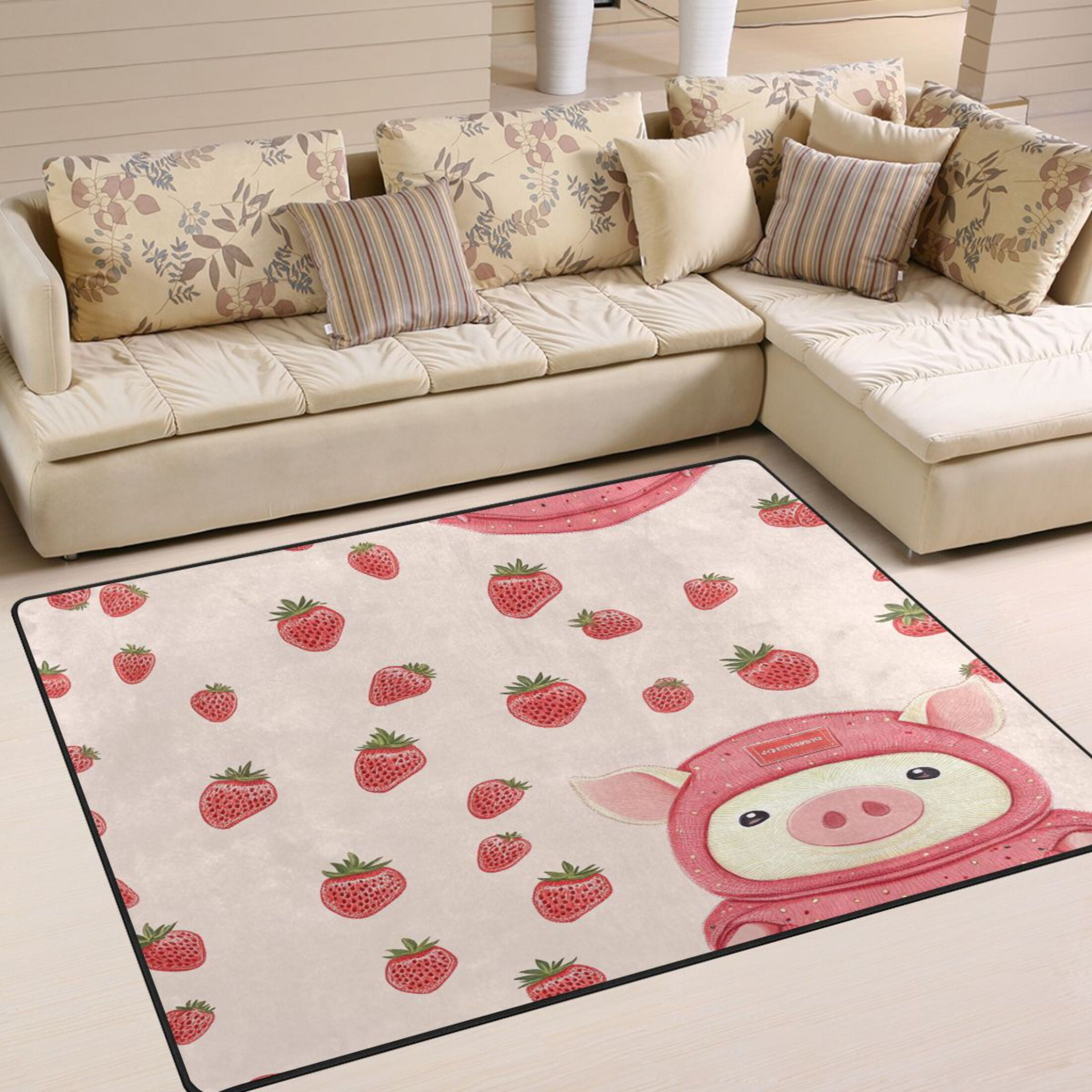 BZSMCE Vintage Area Rugs Cute Piggy Wearing Strawberry Hood Creative ...