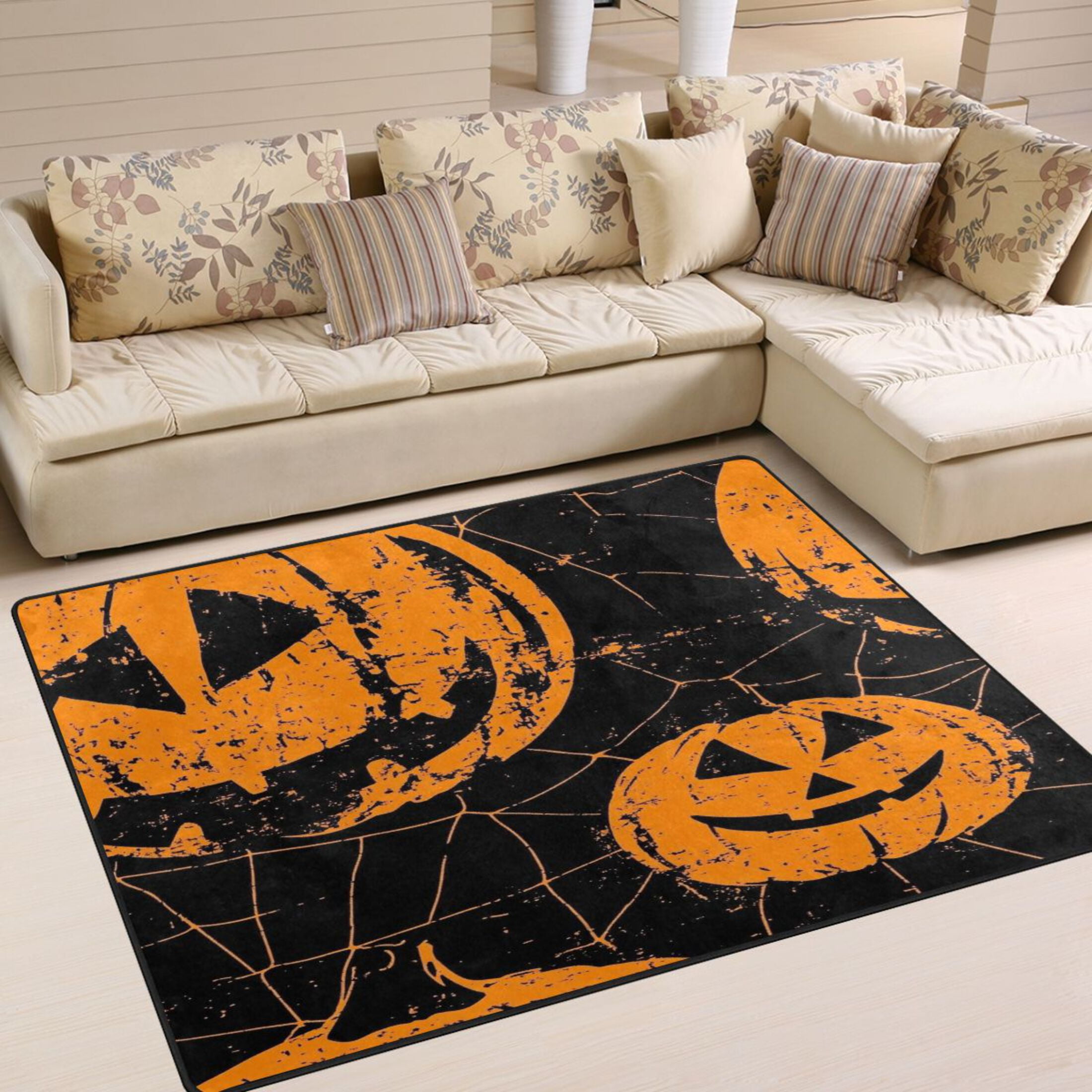BZSMCE Vintage Area Rugs Funny Pumpkin Ghost Face Creative Area For ...