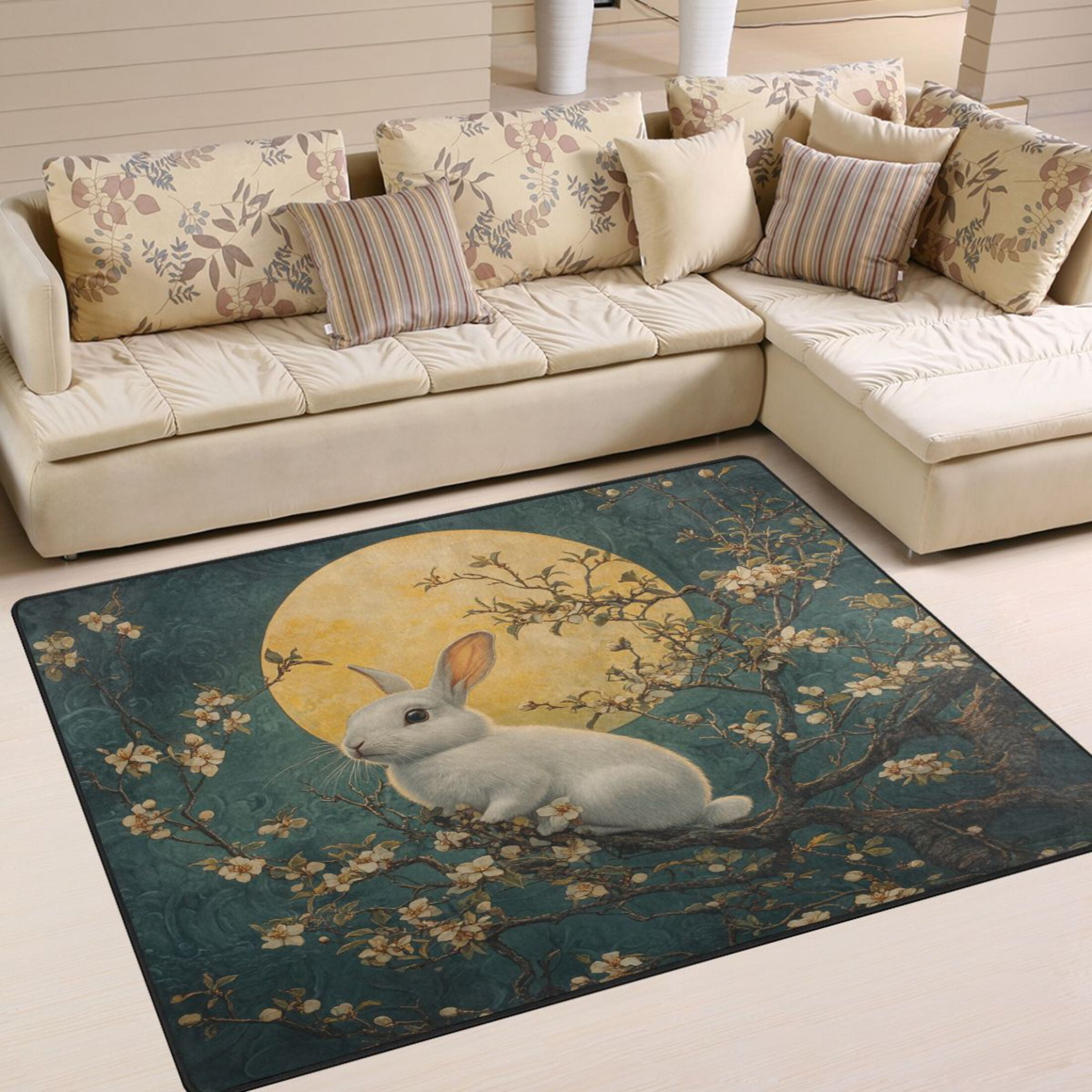 BZSMCE Vintage Area Rugs Jade Rabbit Moon and Osmanthus Tree Creative ...