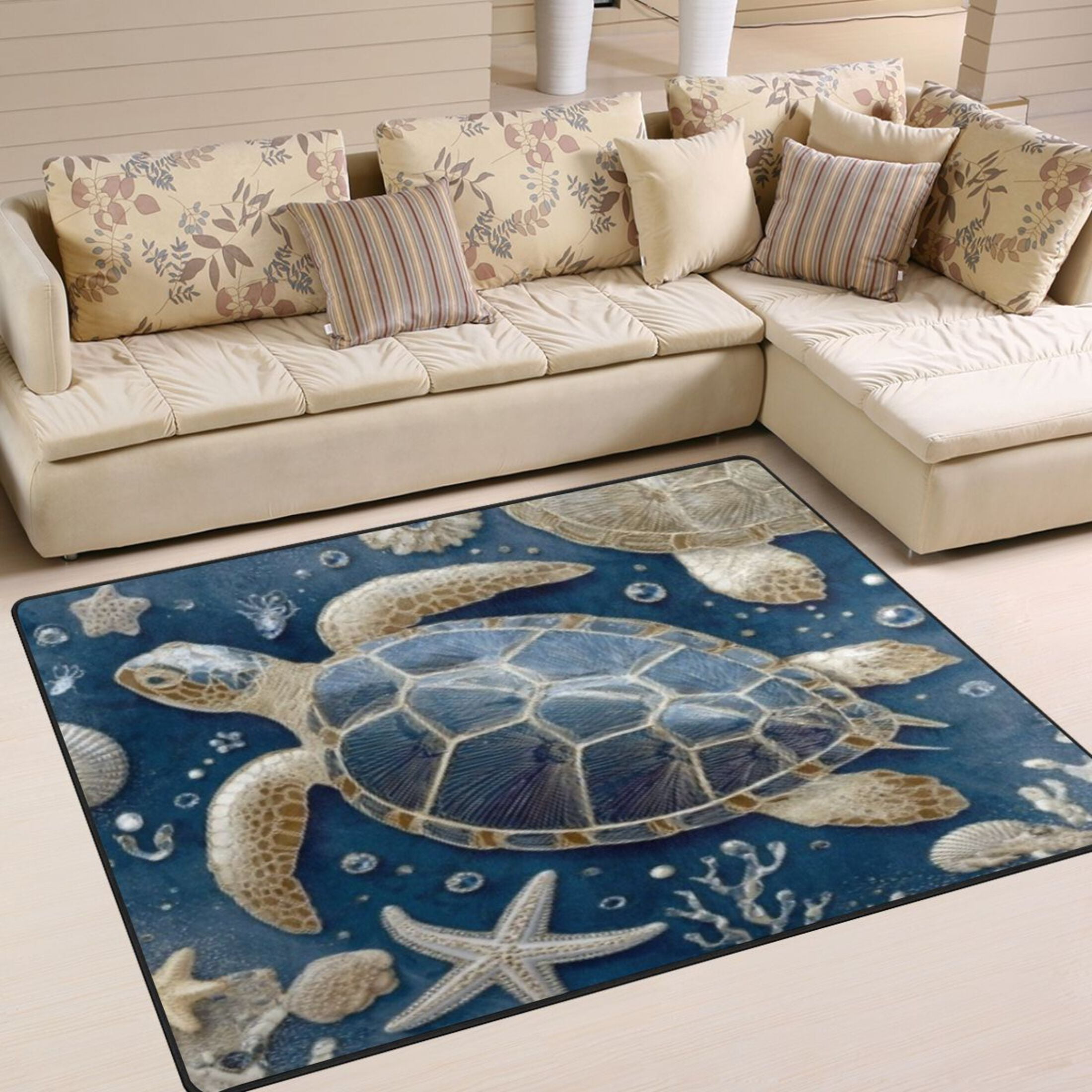 BZSMCE Vintage Area Rugs Navy Beaded Sea Turtle Creative Area For Home ...
