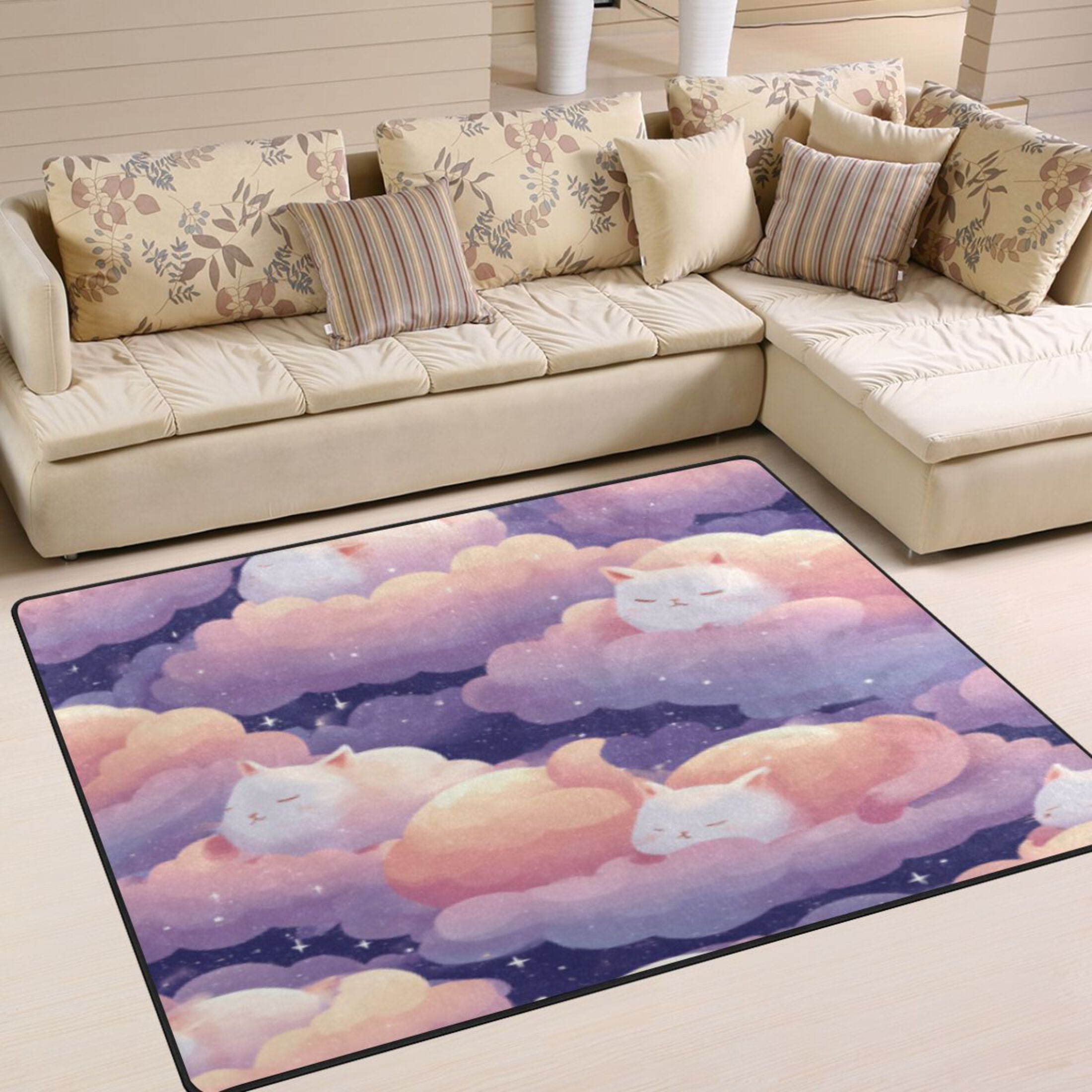 BZSMCE Vintage Area Rugs Purple Cloud Cat Cuddle Creative Area For Home ...