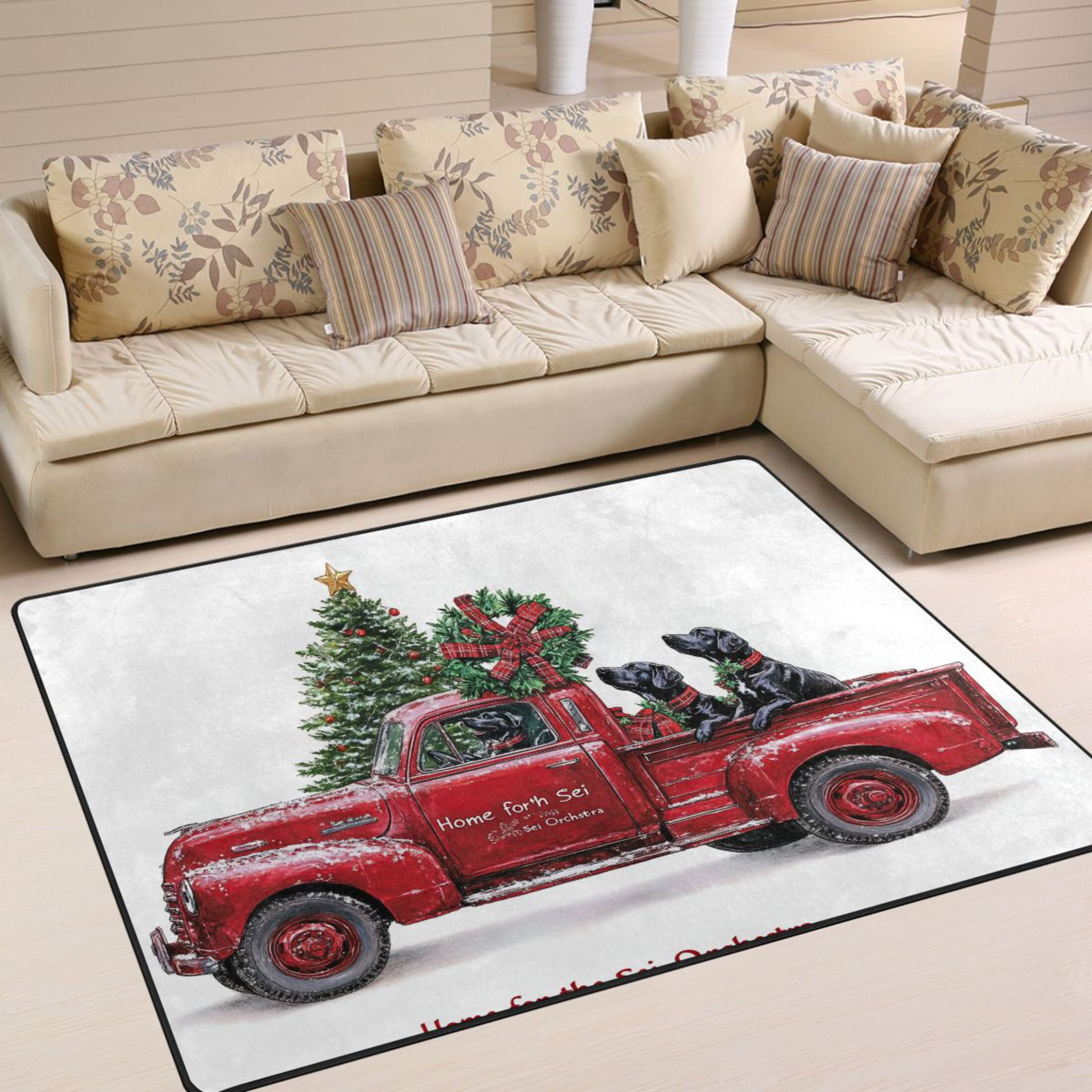 BZSMCE Vintage Area Rugs Red Truck Take Dogs and Christmas Trees ...