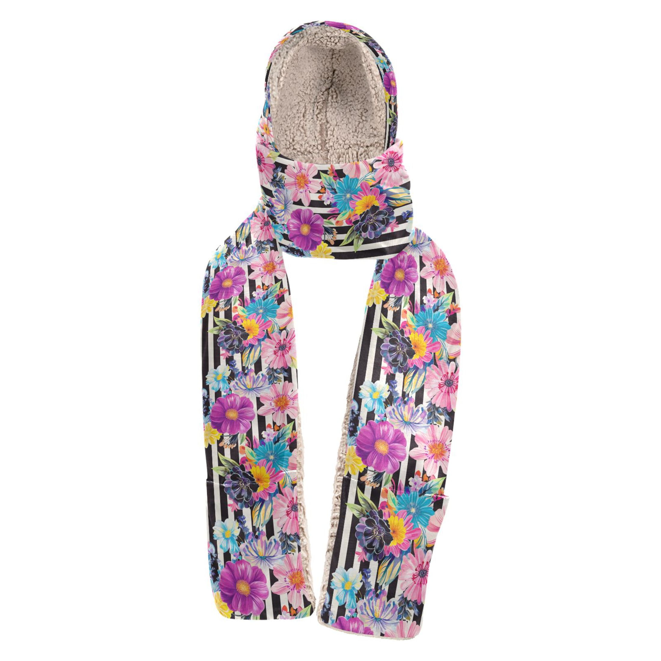 BZSMCE Warm Fleece Hood Scarf Wrap Bold Floral Stripes Pattern ...