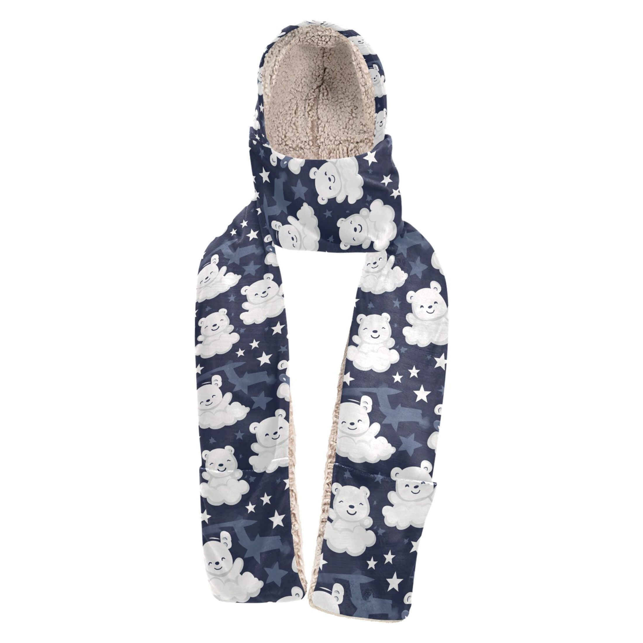 BZSMCE Warm Fleece Hood Scarf Wrap Cuddly Clouds and Bears Pattern ...