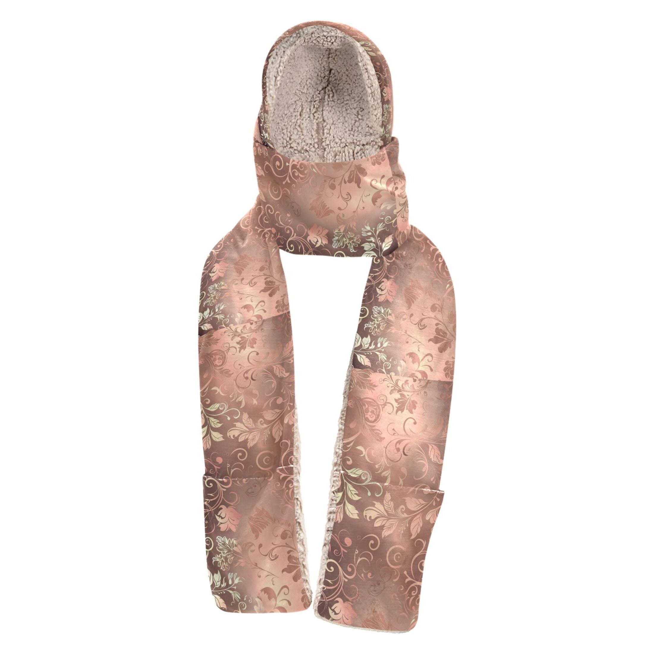 BZSMCE Warm Fleece Hood Scarf Wrap Luxurious Gold Floral Pattern ...