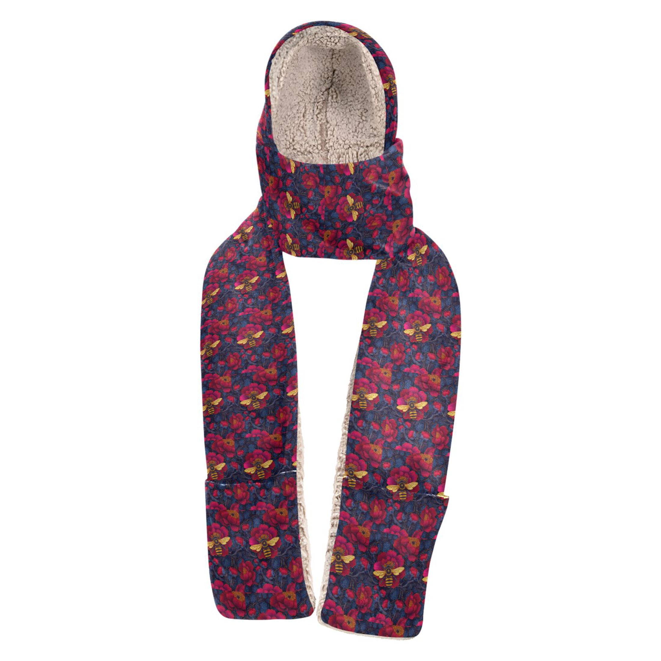 BZSMCE Warm Fleece Hood Scarf Wrap Red Flowers & Bee Pattern - Walmart.com