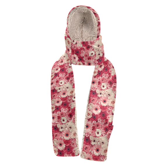 BZSMCE Warm Fleece Hood Scarf Wrap Red Pink Rose Pattern - Walmart.com