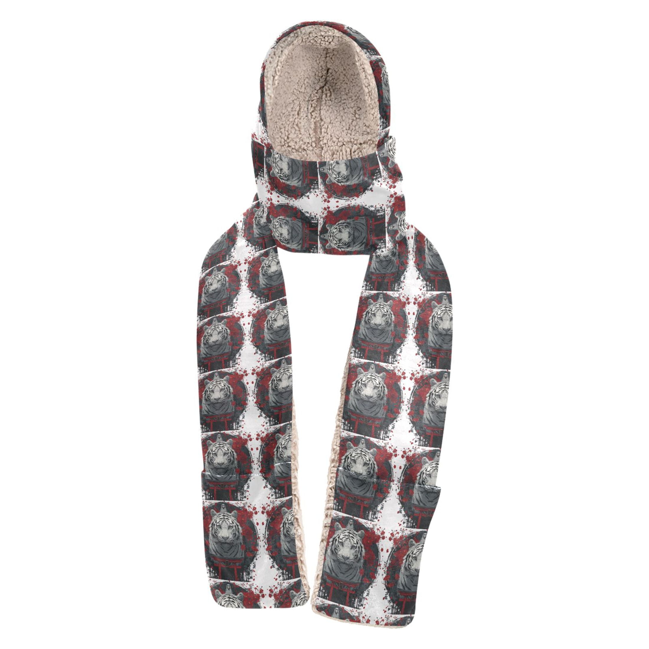 BZSMCE Warm Fleece Hood Scarf Wrap White Tiger and Falcon Pattern ...