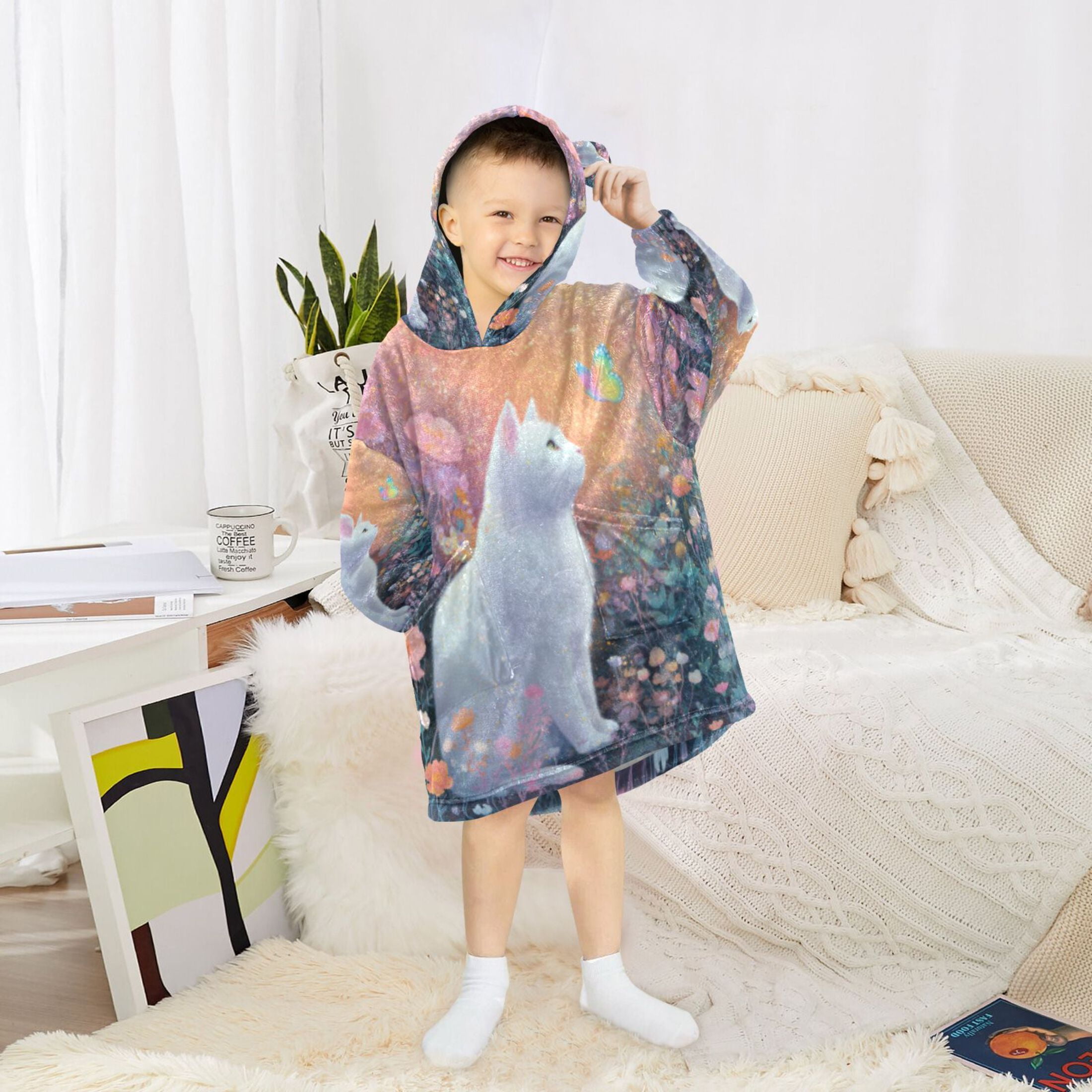 BZSMCE Wearable Blanket Hoodie Fashion Meadow White Cat Home Wear ...