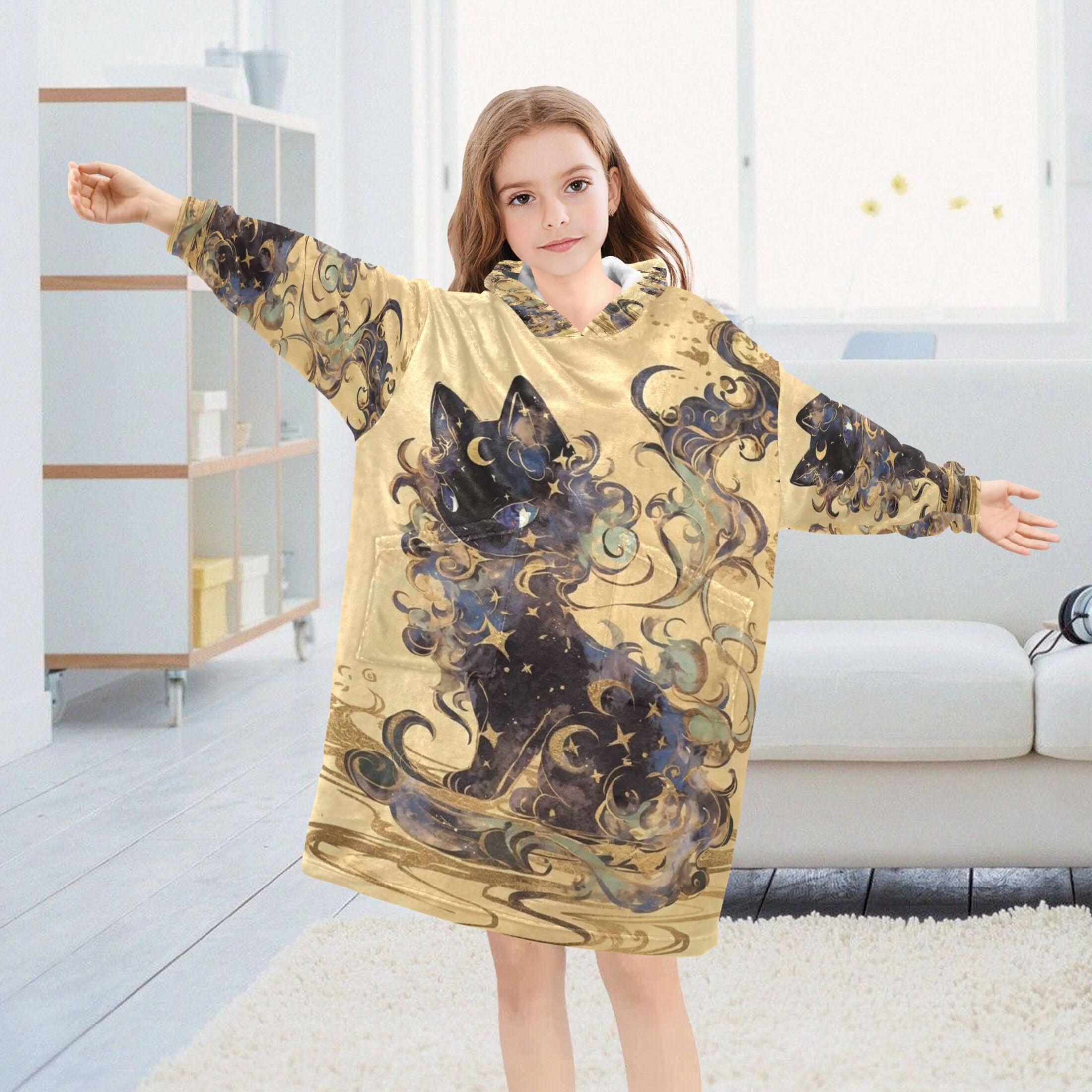 BZSMCE Wearable Blanket Hoodie Fashion Mystic Black Cat Amid Golden ...