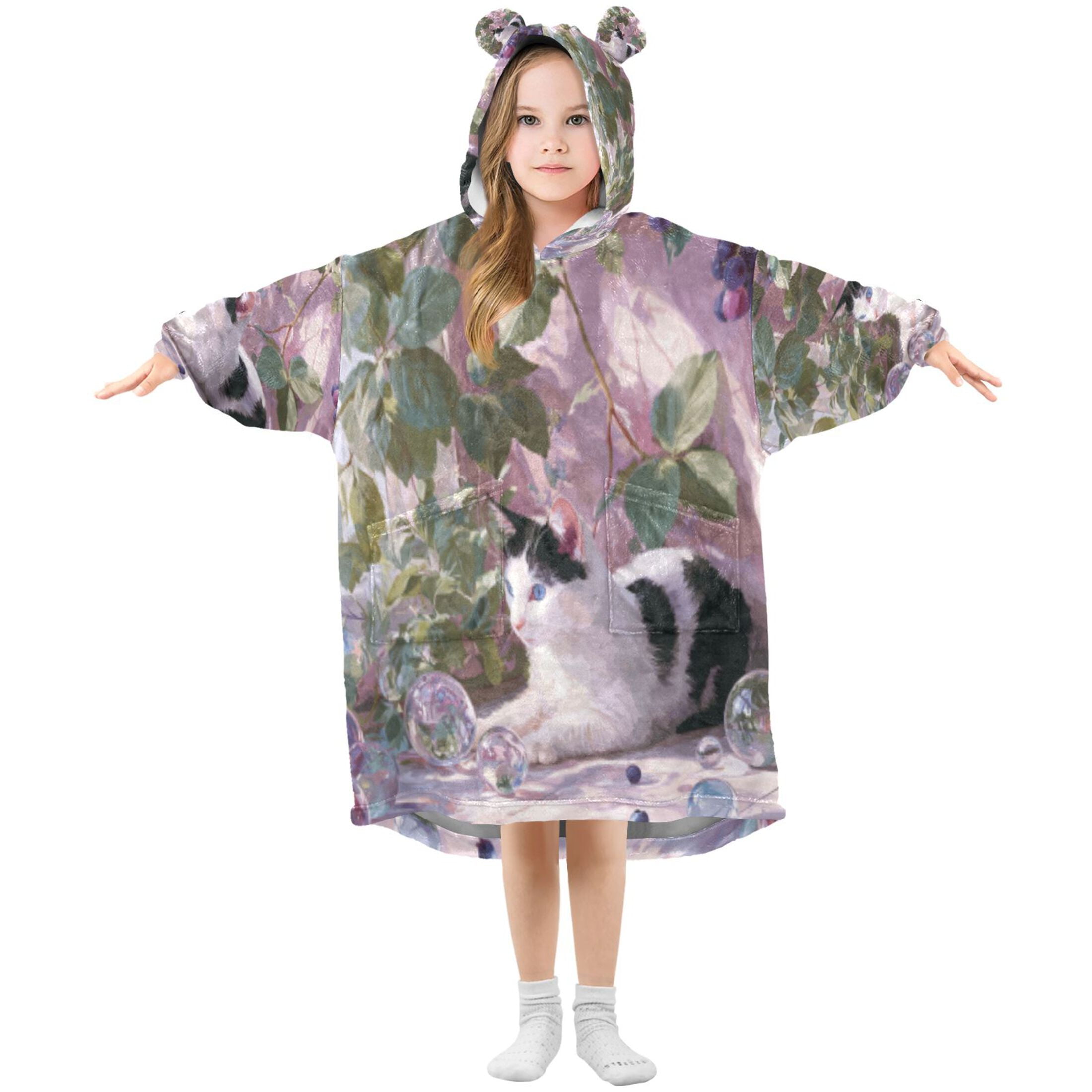 BZSMCE Wearable Blanket Hoodie Fashion Whimsical Cat in Berry Home Wear ...
