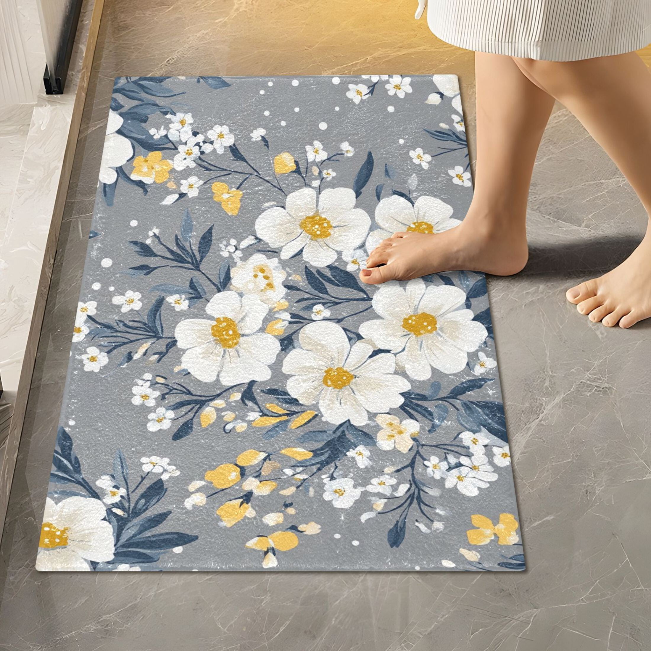 BZSMCE White Flowers Pattern 2-Piece Non-Slip Absorbent Bathroom Rug ...