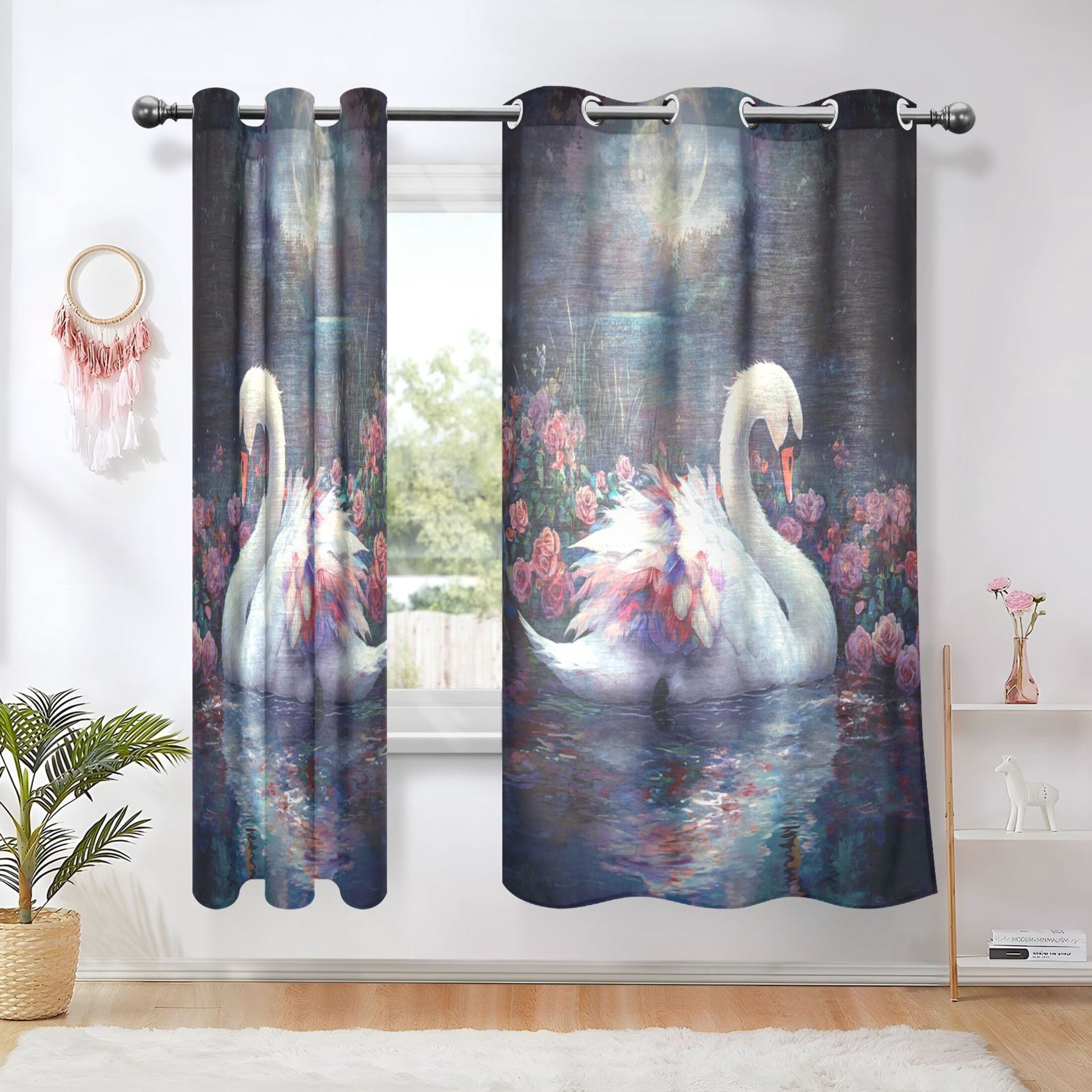 BZSMCE Window Curtain Panels Fashion Swan Among Flowers at Night ...